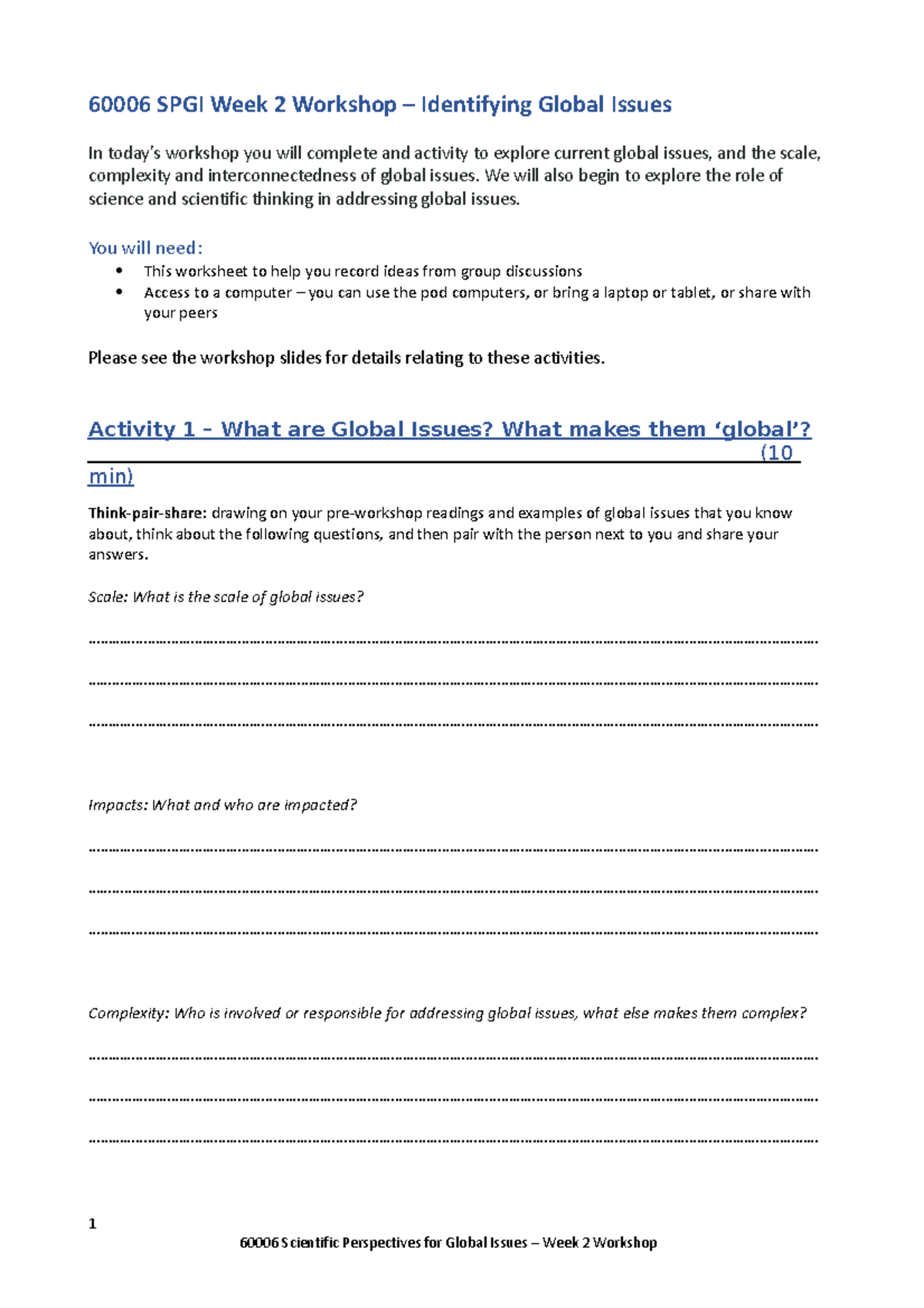 SPGI AUT23 Week 2 workshop worksheet - 60006 SPGI Week 2 Workshop ...