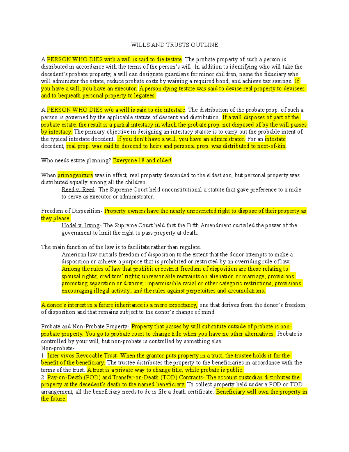 Wills AND Trusts Outline - WILLS AND TRUSTS OUTLINE A PERSON WHO DIES ...