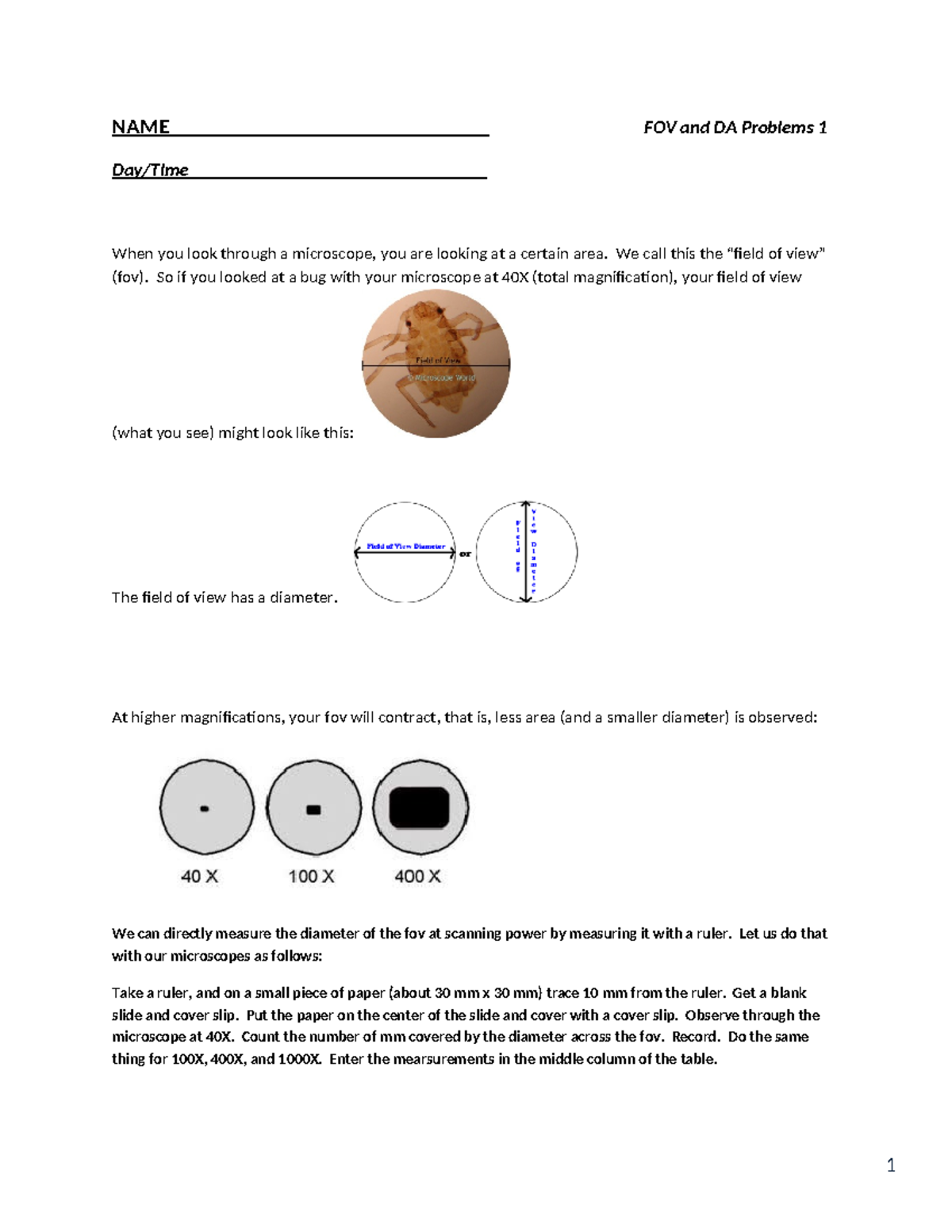 FOV AND DA PROBLEMS - NAME_____________________________ FOV and DA ...