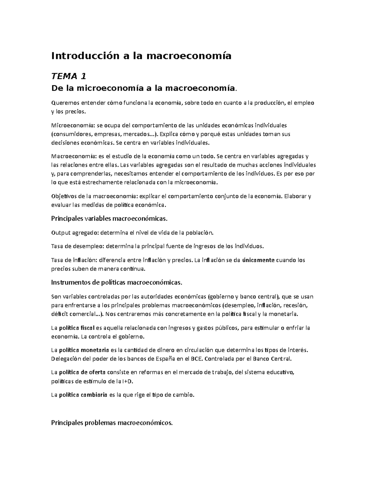 Macroeconomia ecuacion - Introducción a la macroeconomía TEMA 1 De la microeconomía a la - Studocu