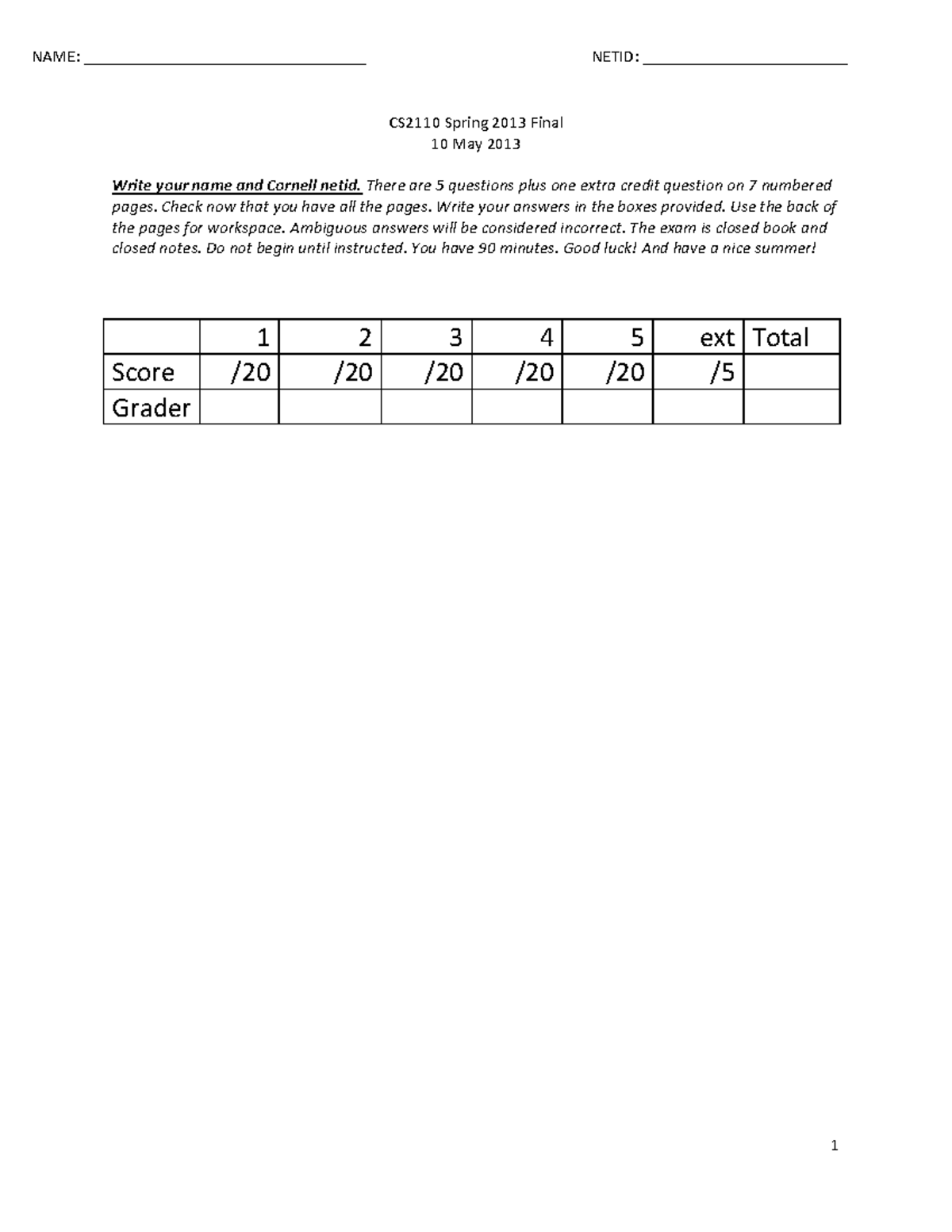 Finalcs 2110sp13-v2 - Past Finals from CS 2110 taught by Professor ...