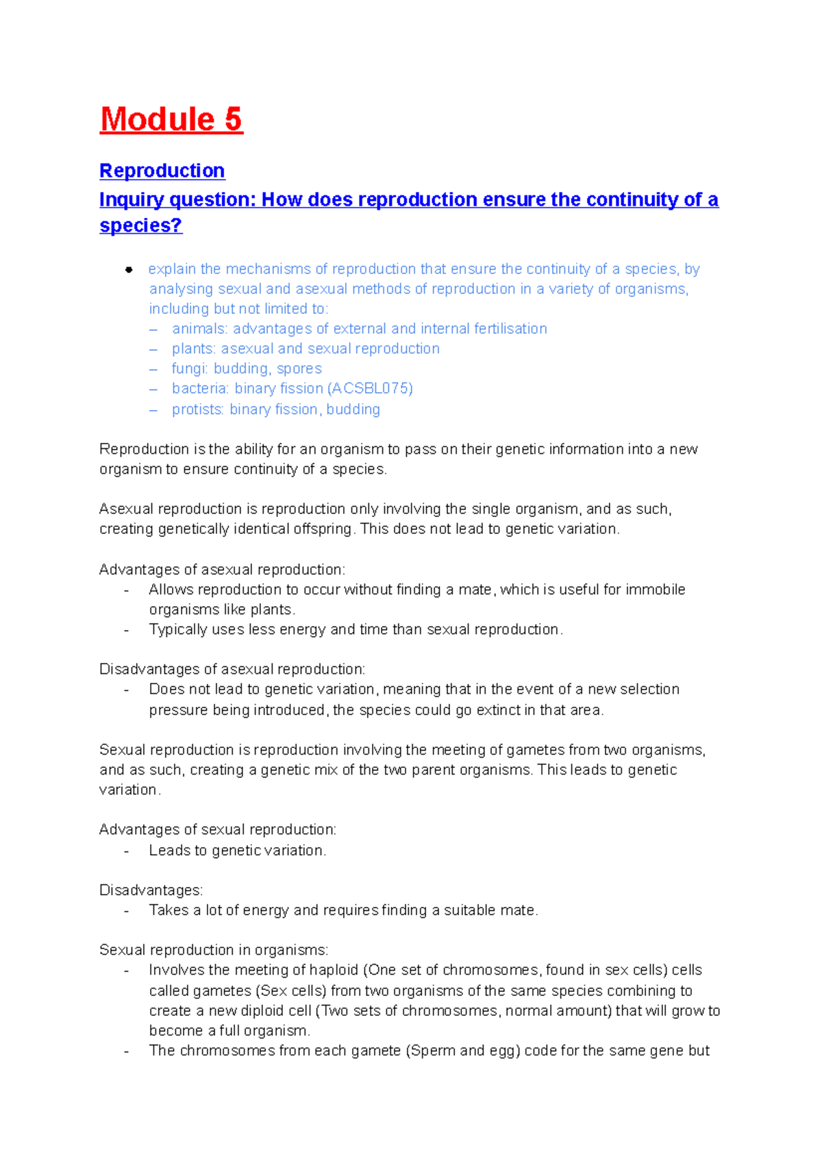 Biology HSC Notes module 5 - Module 5 Reproduction Inquiry question ...