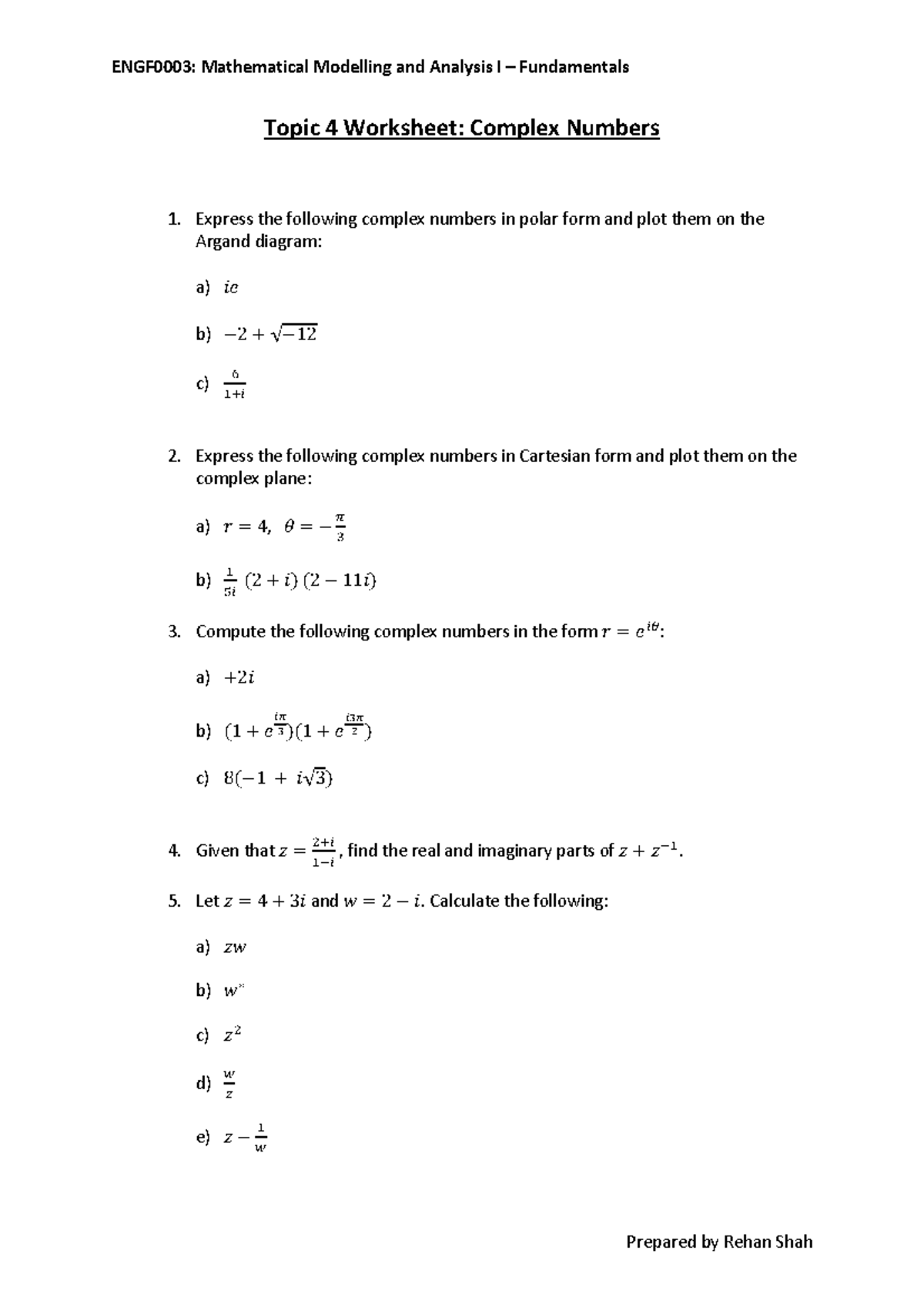 Worksheet - Compilation of mathematics - ENGF0003: Mathematical ...