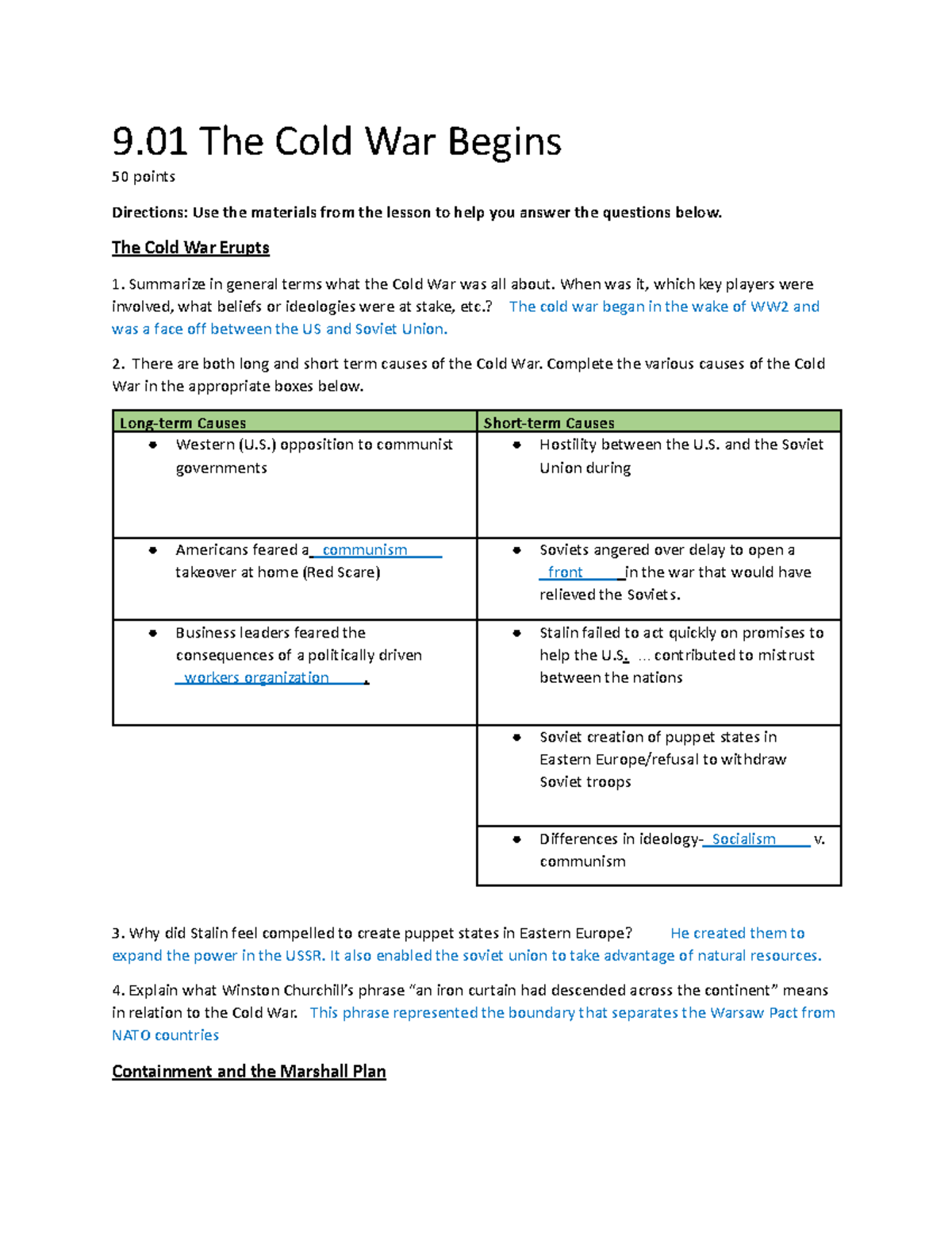 9.01 Assignment - 9 The Cold War Begins 50 points Directions: Use the ...