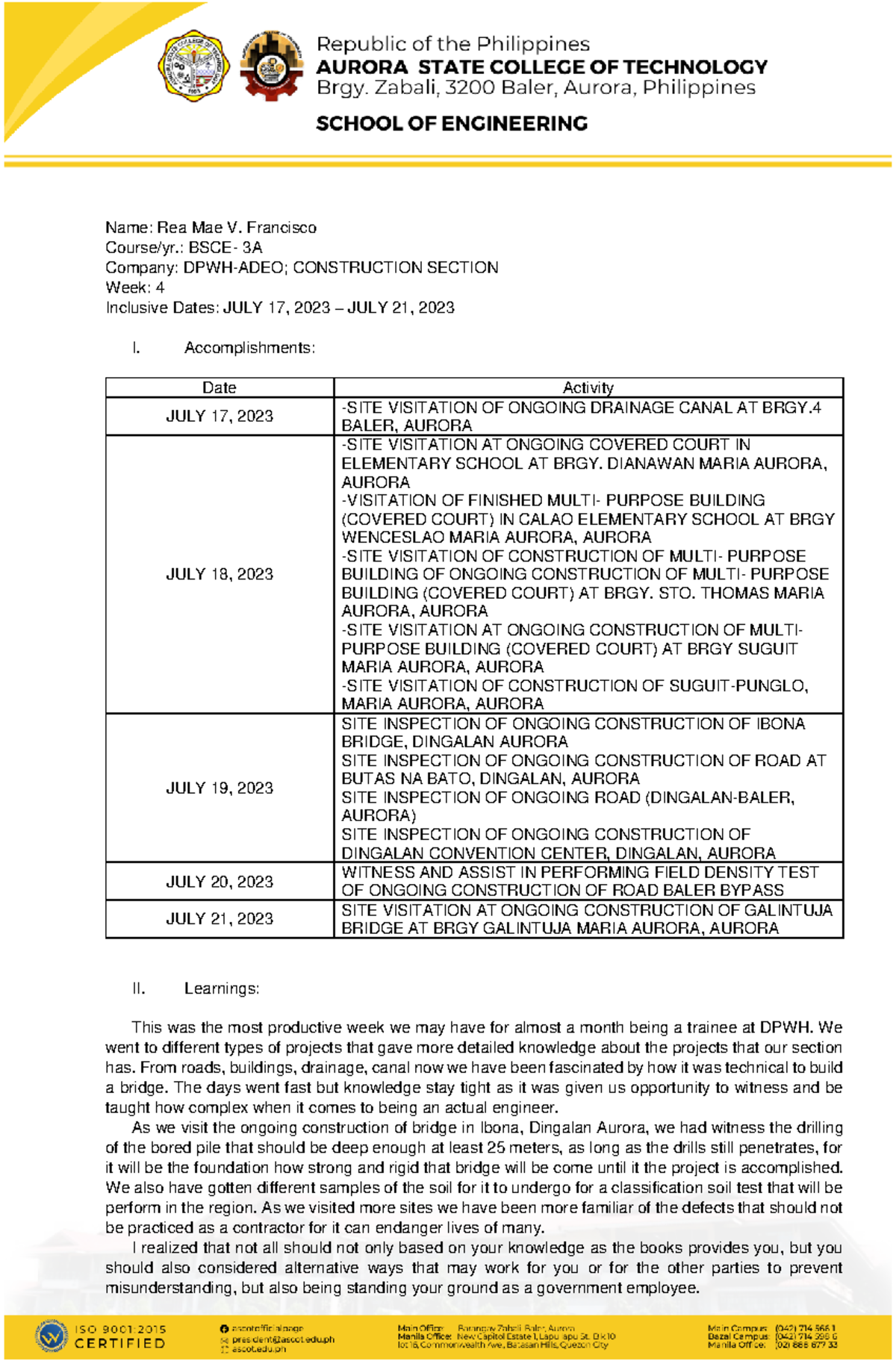 Weekly-Accomplishment-Report REA MAE V. Francisco WEEK 4 - Name: Rea ...
