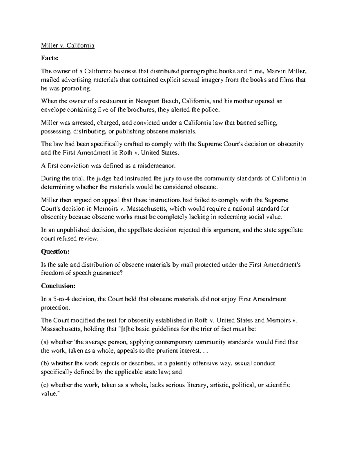 10-31-19 Briefs - Miller v. California Facts: The owner of a California ...