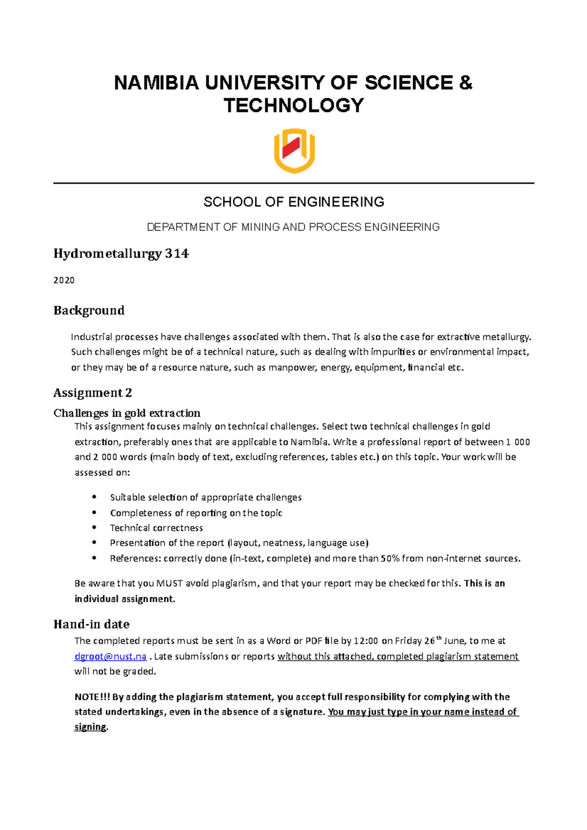Assignment 2 2020 Hydro 314 - NAMIBIA UNIVERSITY OF SCIENCE ...