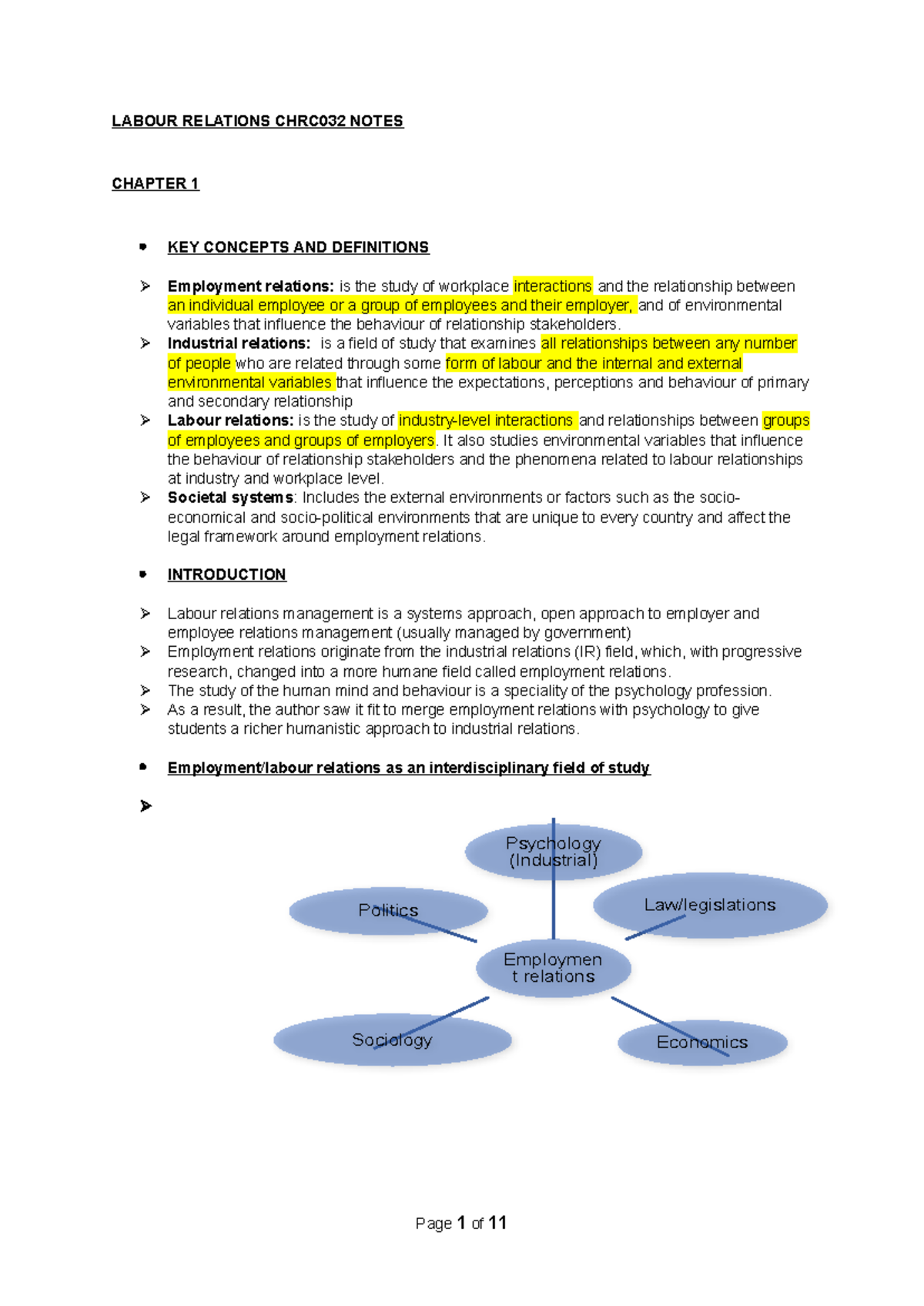 CHRC032 Notes - LABOUR RELATIONS CHRC032 NOTES CHAPTER 1 KEY CONCEPTS ...