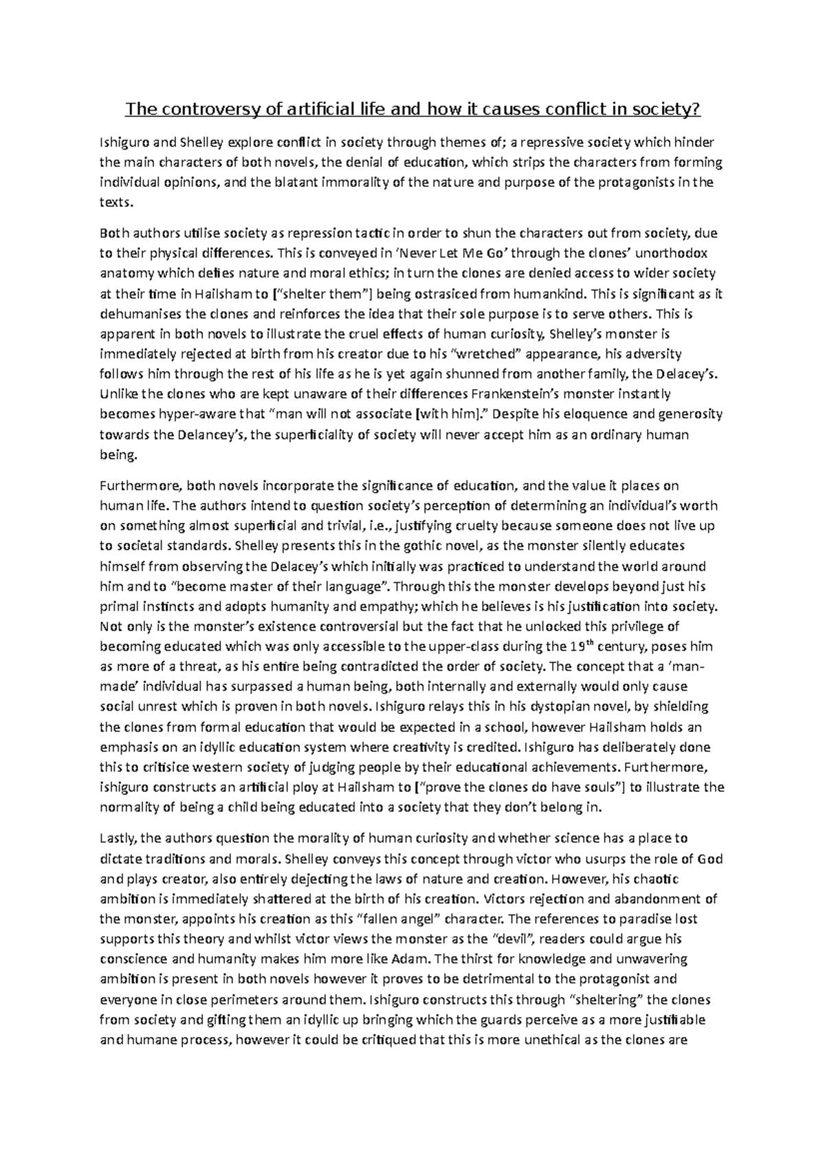 Comparison essay- NLMG and frankenstein - The controversy of artificial ...