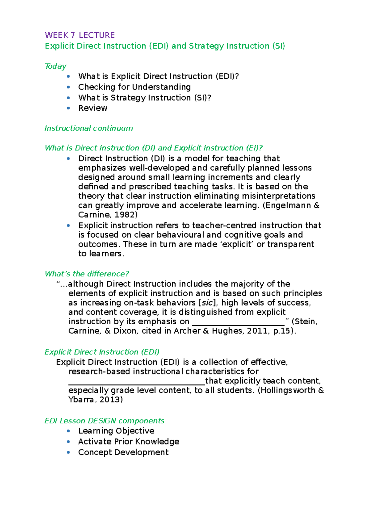 Week 7 lecture - WEEK 7 LECTURE Explicit Direct Instruction (EDI) and ...