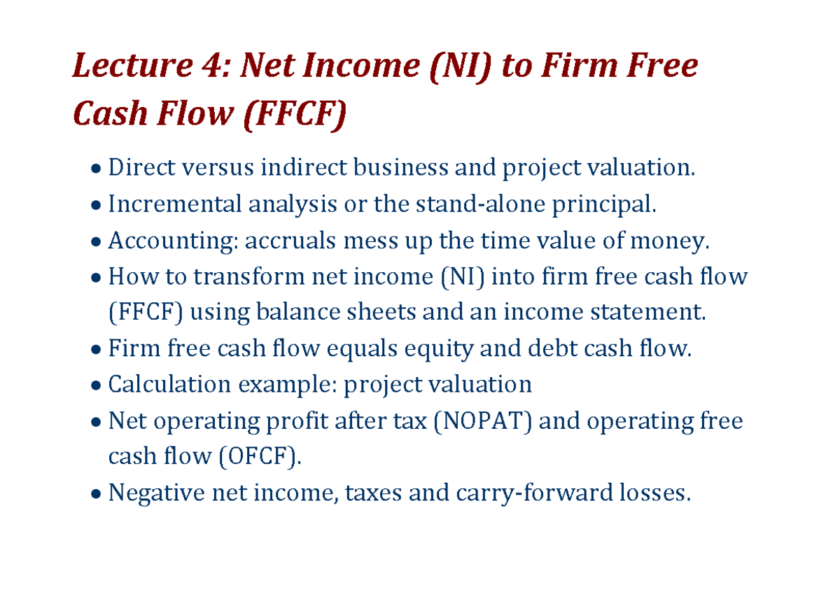 4 firm free cash flow - Lecture 4: Net Income (NI) to Firm Free Cash ...