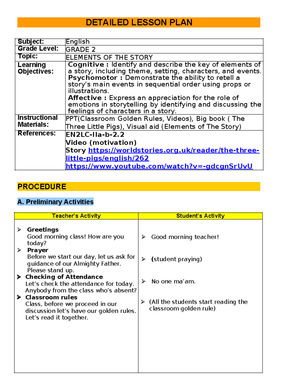 DETAILED LESSON PLAN-English Elements of the story - DETAILED LESSON ...