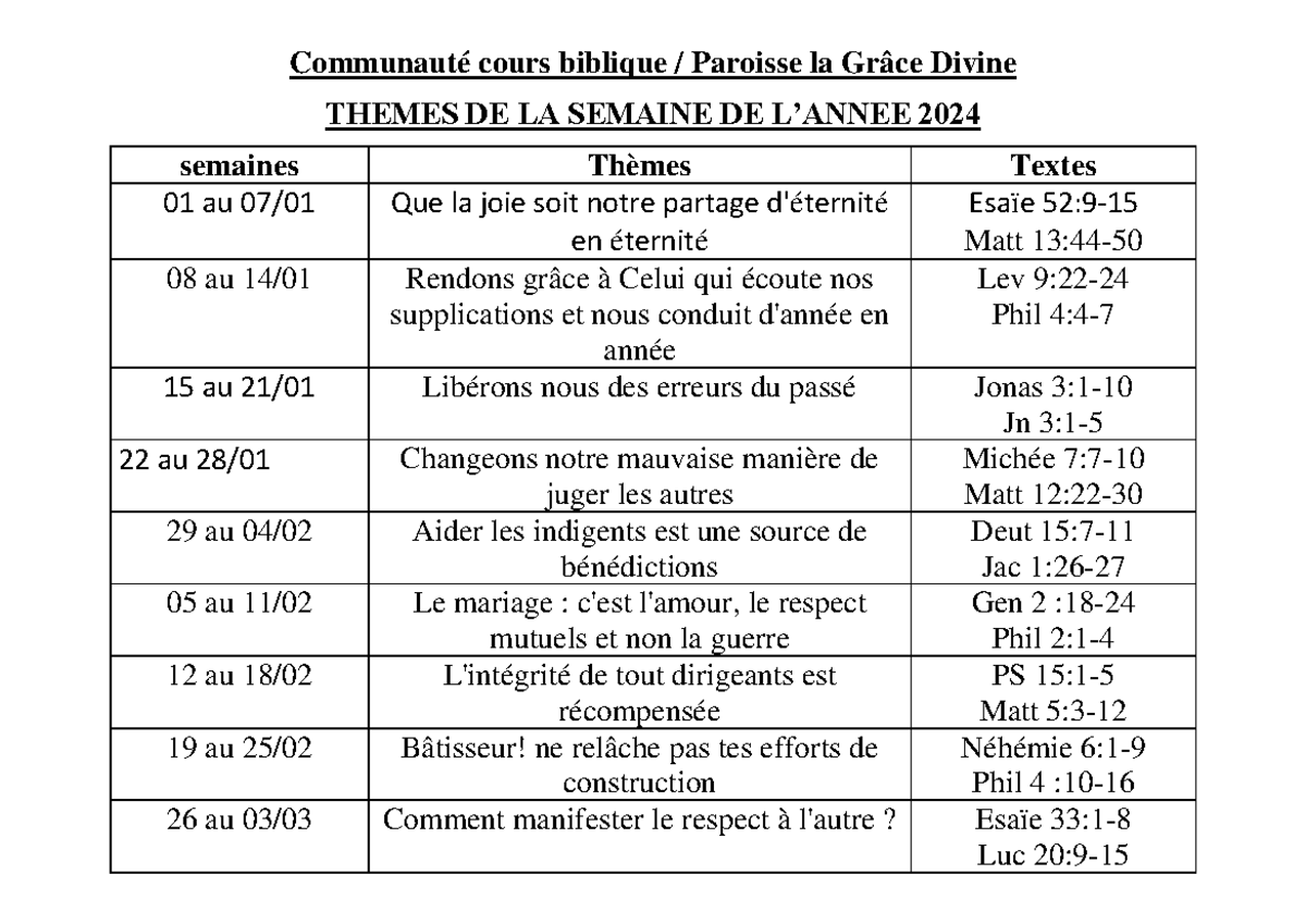 ECC thèmes de la semaine 2024 - Communauté cours biblique / Paroisse la ...