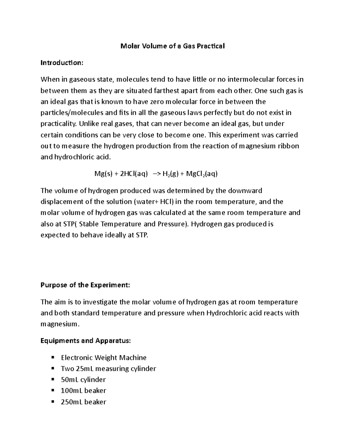 MUFY chem report Molar Volume of a Gas Practical - Molar Volume of a ...