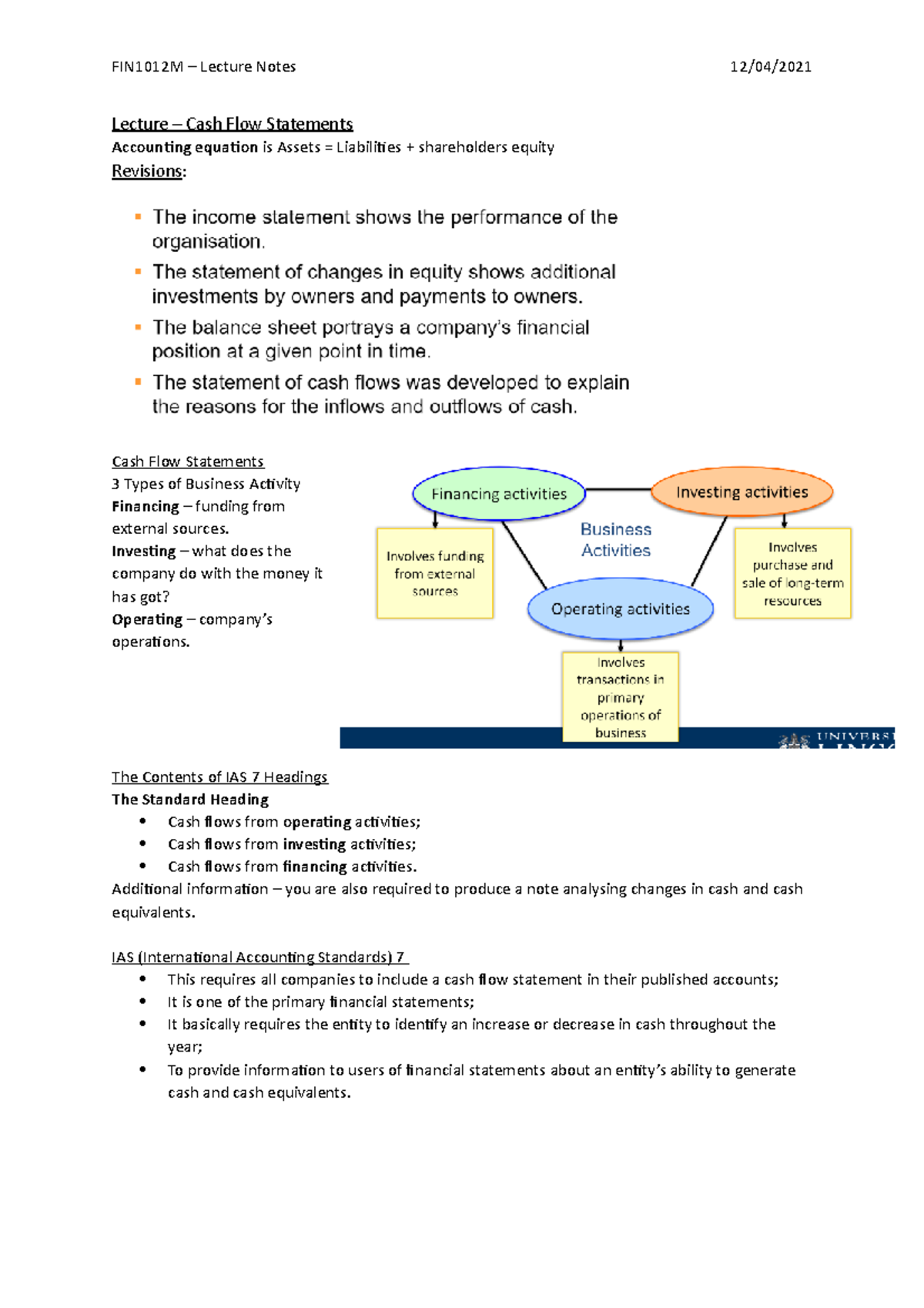 Lecture - Cash flow statements - Lecture – Cash Flow Statements ...
