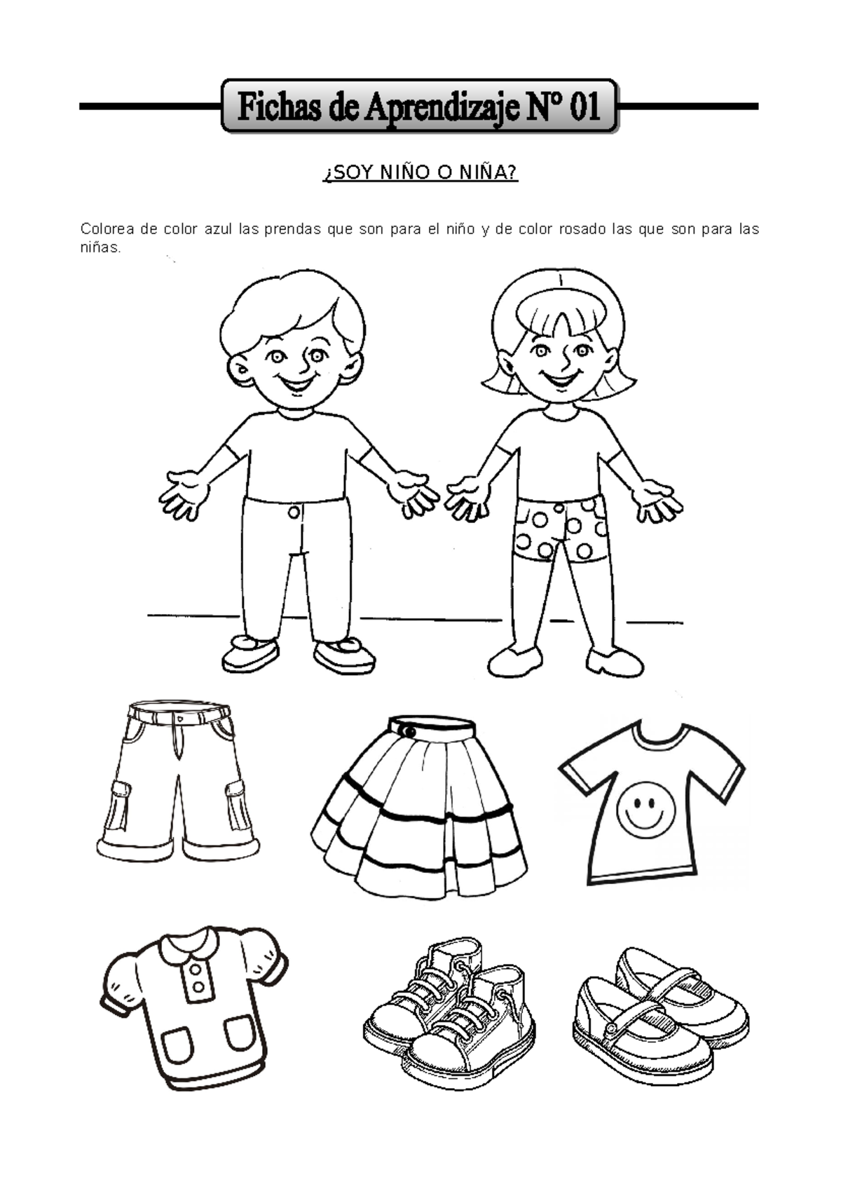 2 Fichas - ¿SOY NIÑO O NIÑA? Colorea de color azul las prendas que son ...