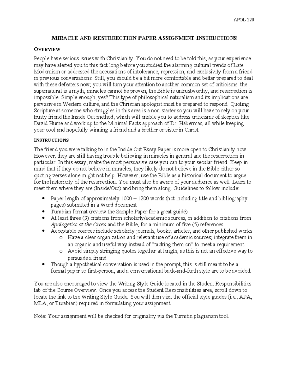 Miracle and Resurrection Paper Assignment Instructions - APOL 220 ...