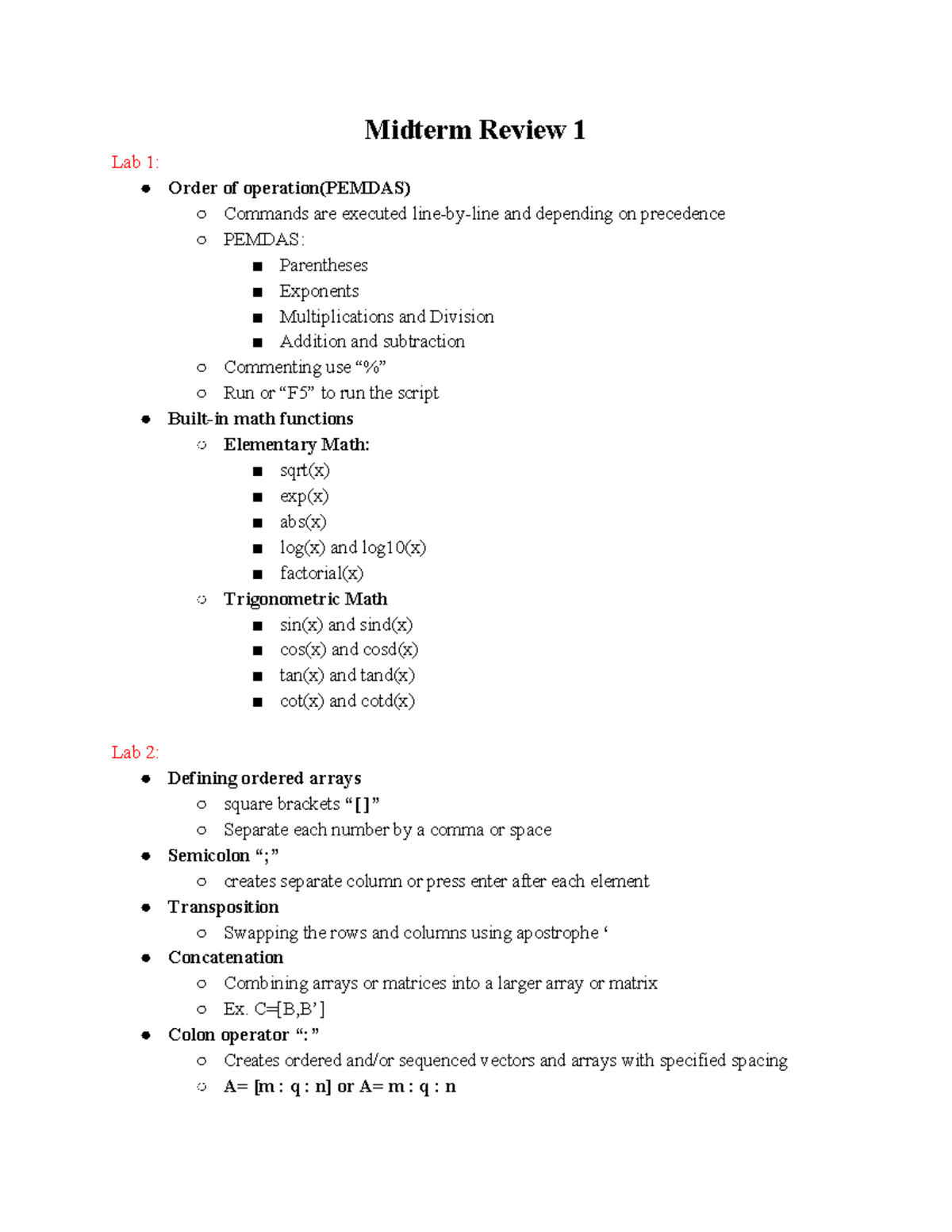 BME130 Matlab Exam 1 Review - Midterm Review 1 Lab 1: Order of ...