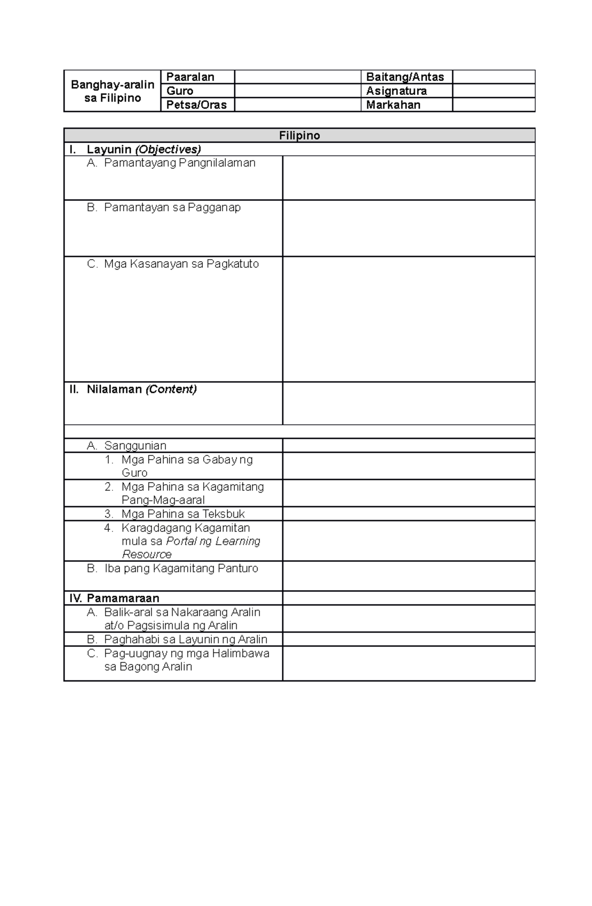 Banghay aralin sa filipino Template - Banghay-aralin sa Filipino ...