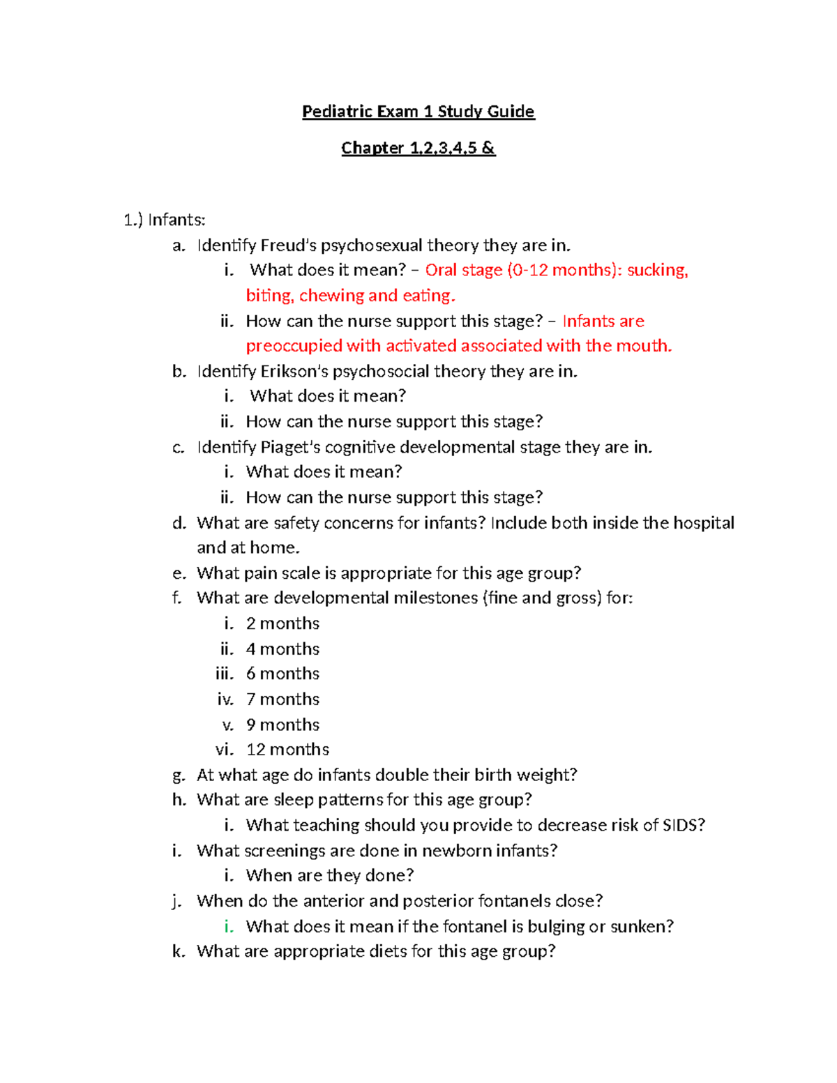 Peds Exam 1 Study Guide (student) - Pediatric Exam 1 Study Guide ...