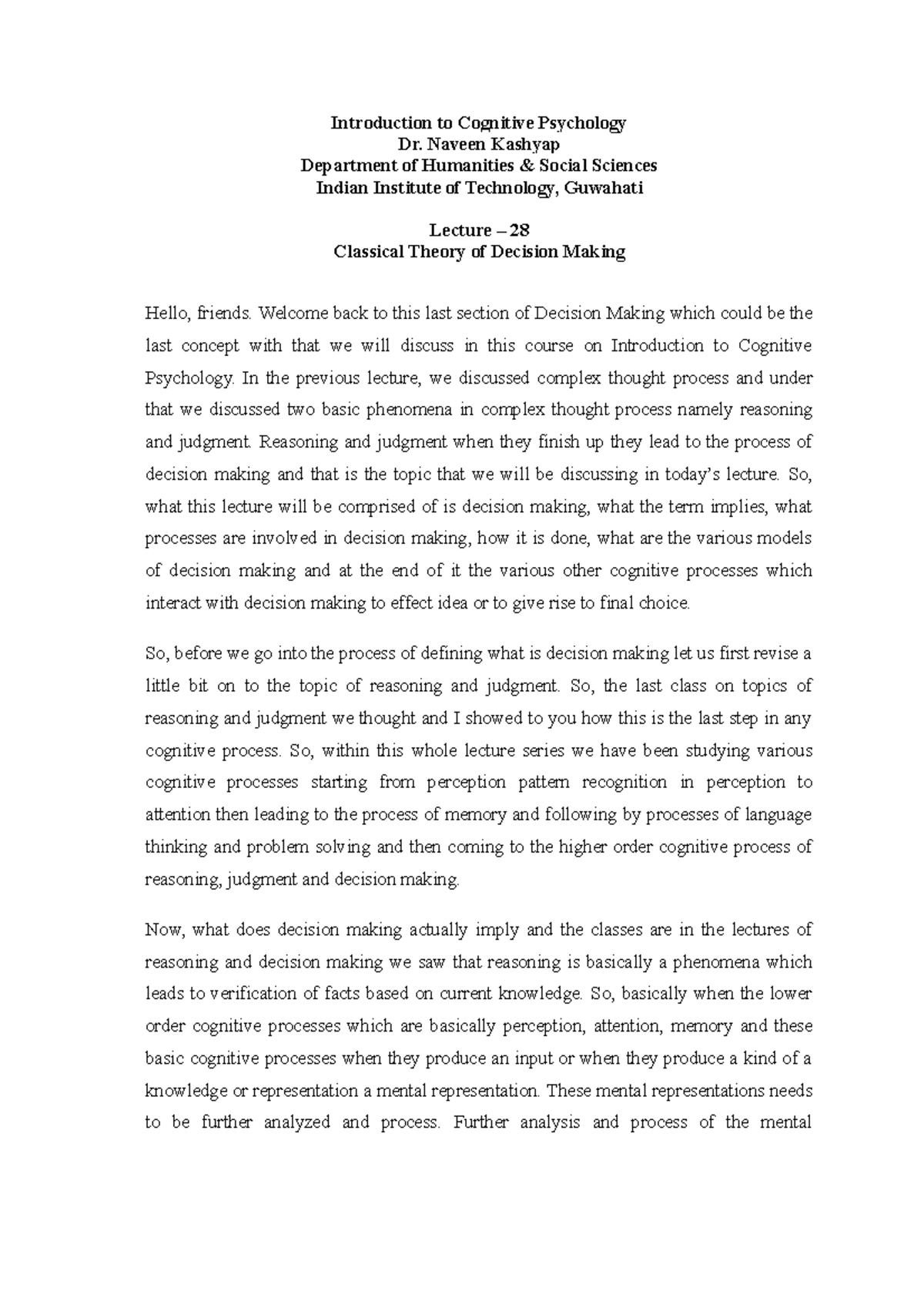 Classical Theory Decision Making - Introduction to Cognitive Psychology ...