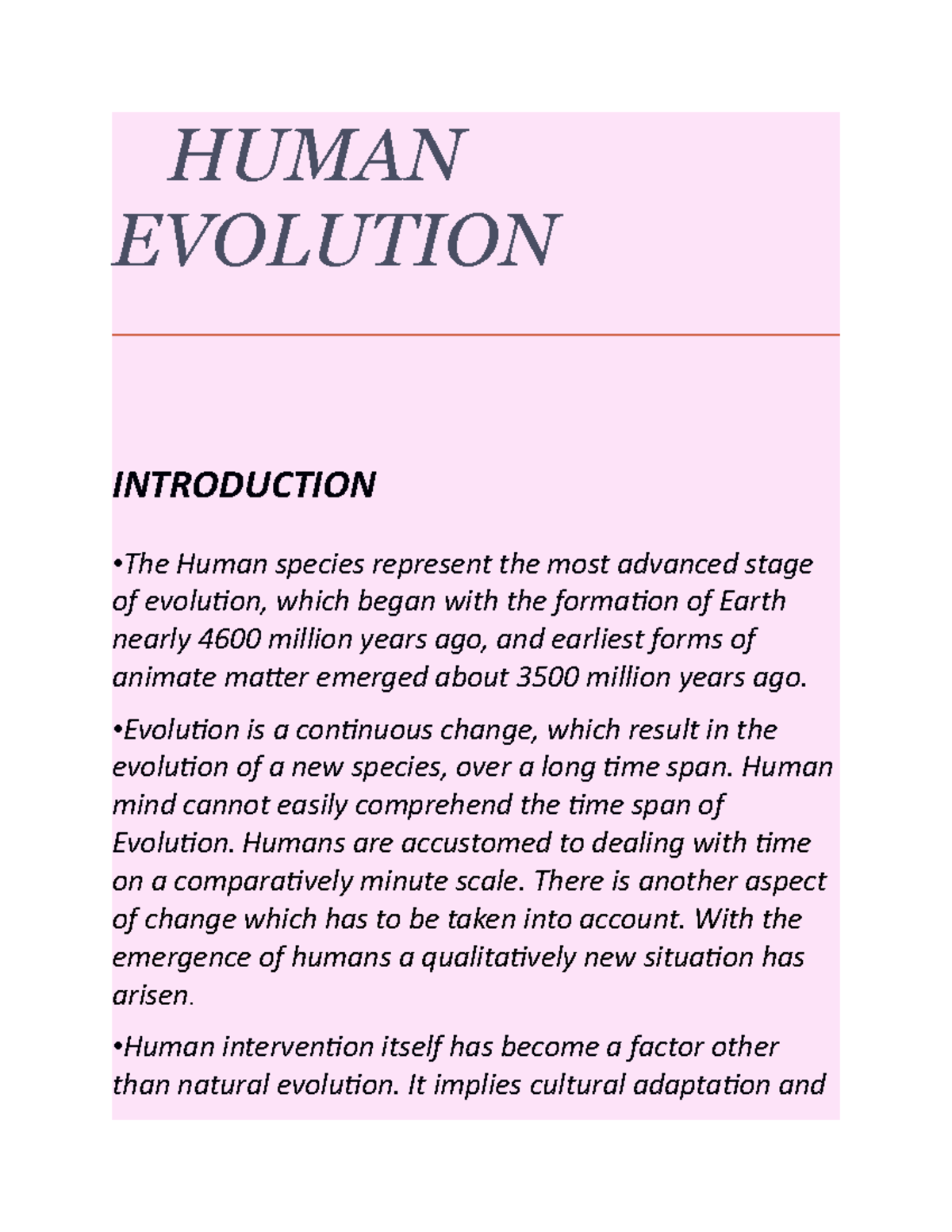 Human evolution form amar faroooqui - HUMAN EVOLUTION INTRODUCTION ...