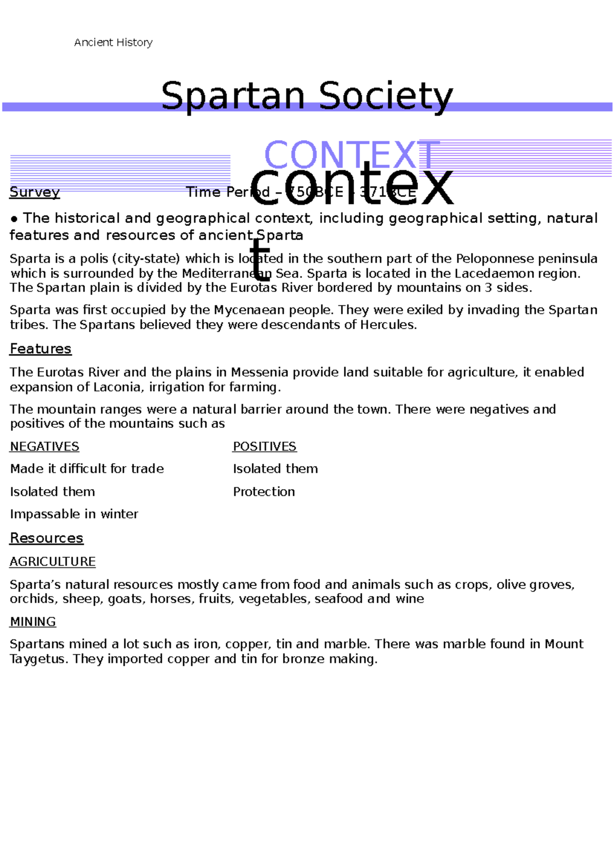 Ancient notes - Spartan Society CONTEXT contex t Survey Time Period ...