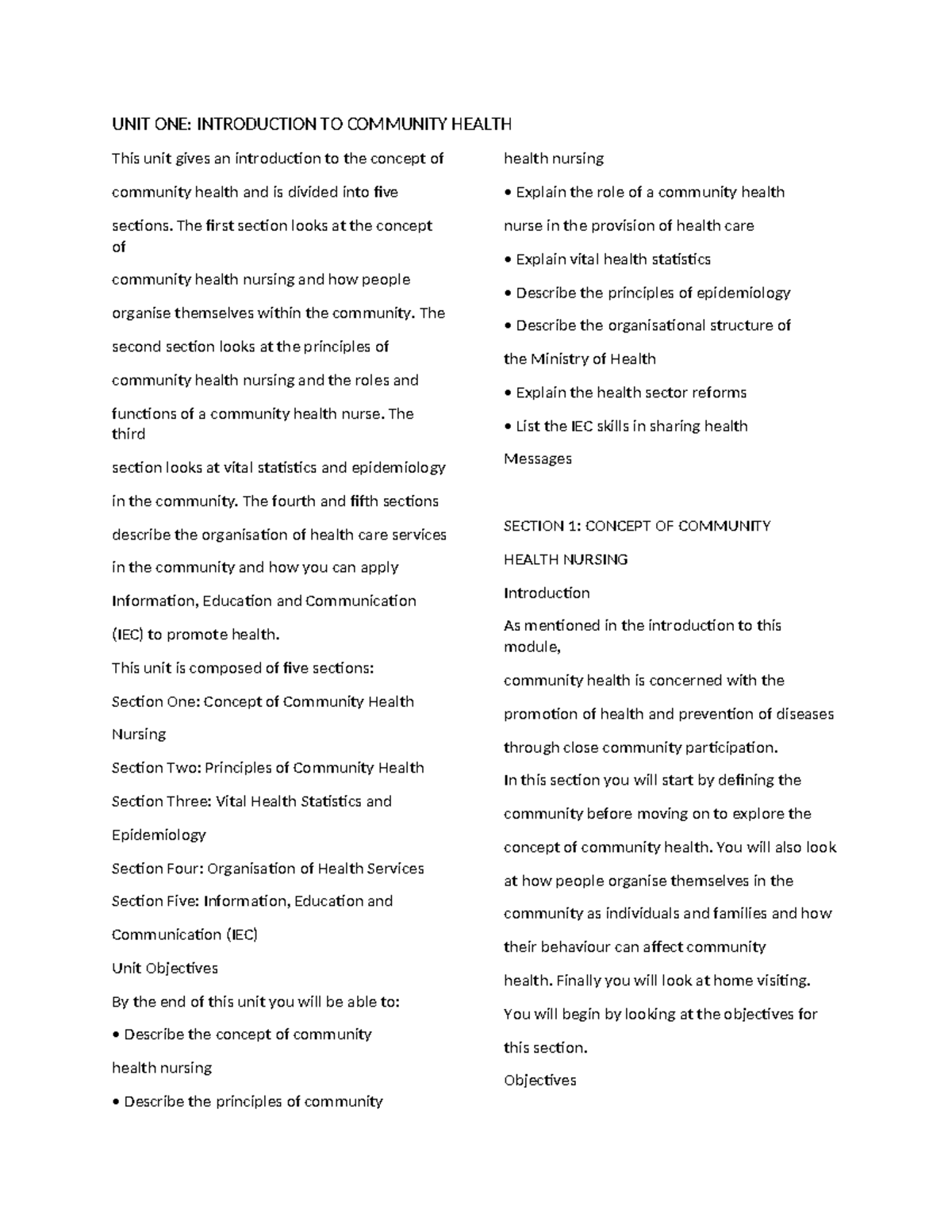 UNIT ONE introduction - UNIT ONE: INTRODUCTION TO COMMUNITY HEALTH This ...