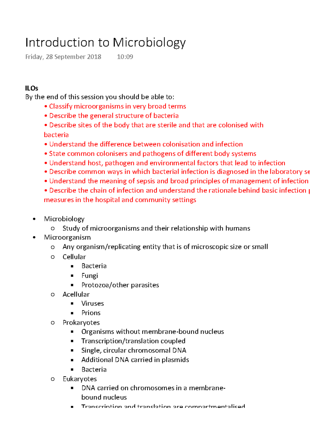 Introduction to Microbiology - ILOs By the end of this session you ...