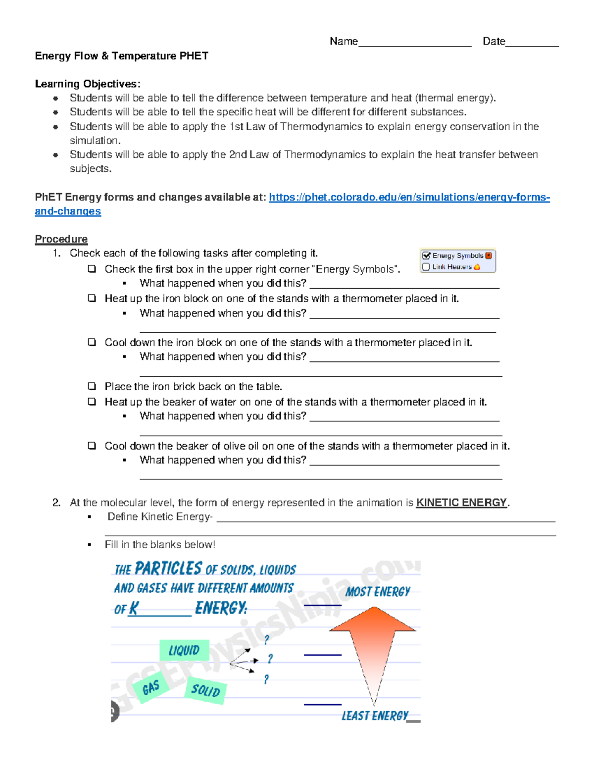 Energy Flow & Temperature PHET 2024 - Name___________________ Date ...
