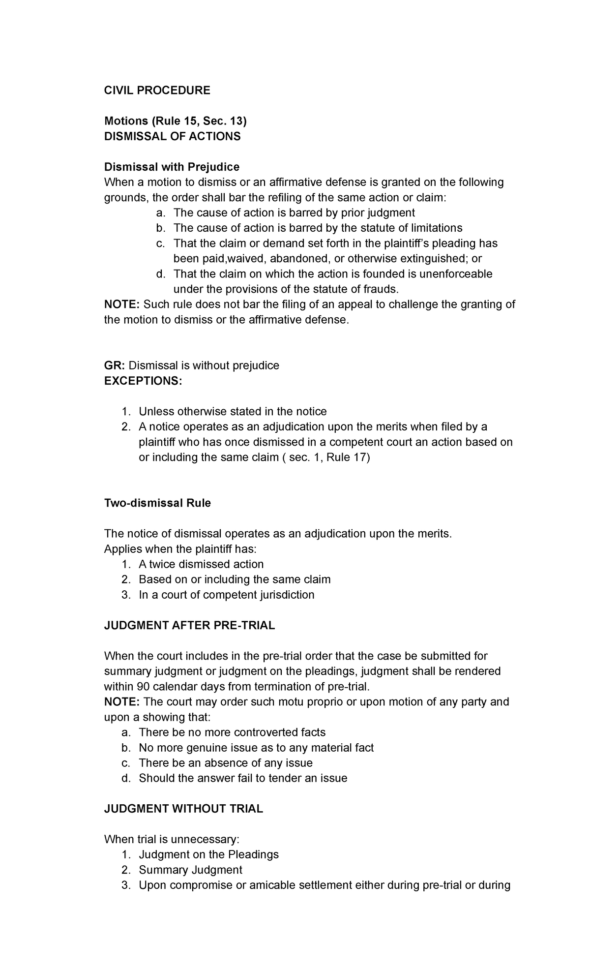 Rules 15-23Civil Procedure - CIVIL PROCEDURE Motions (Rule 15, Sec. 13 ...