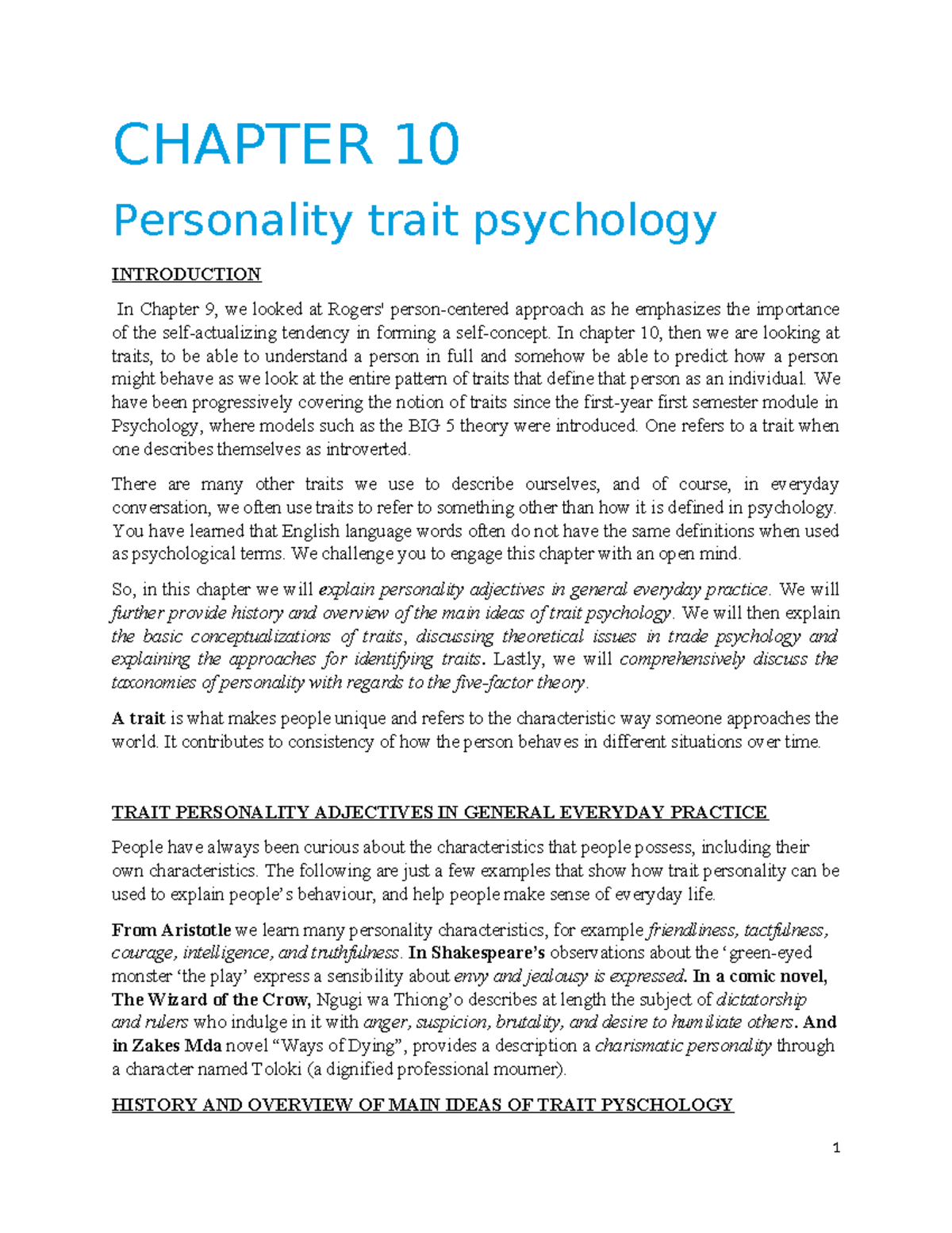Chapter 10 Summary - CHAPTER 10 Personality trait psychology ...