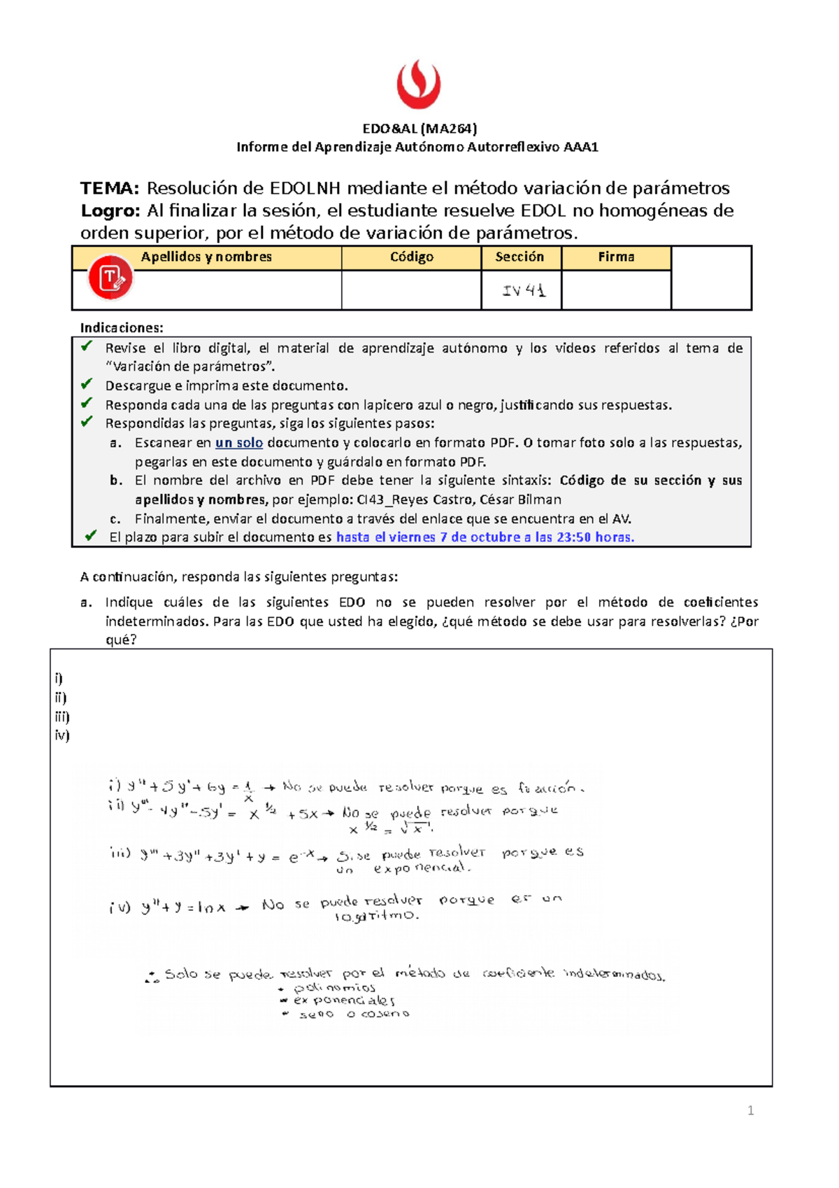 Antes AAA1 Informe - Apuntes - EDO&AL (MA264) Informe del Aprendizaje ...