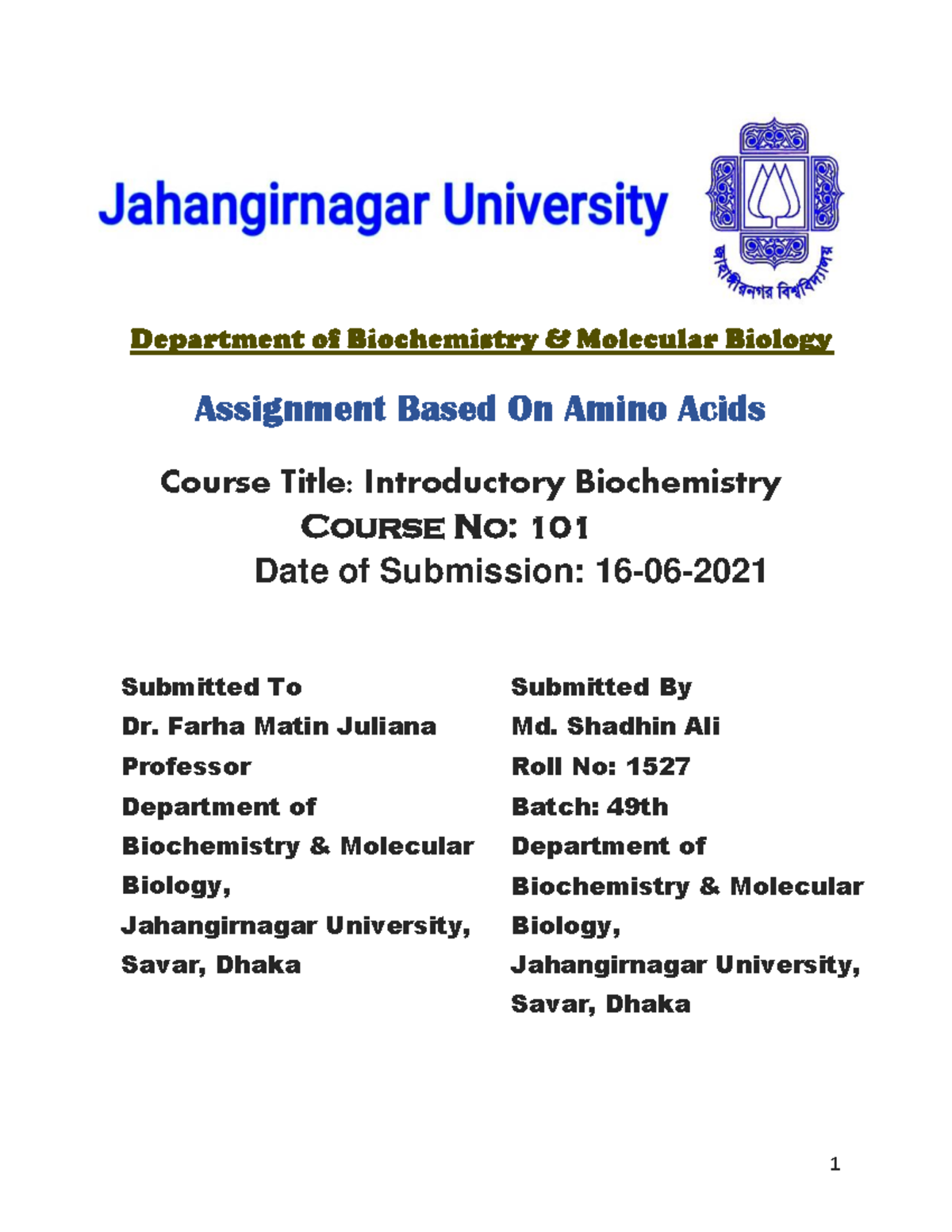Amino Acid - Department of Biochemistry & Molecular Biology Assignment ...