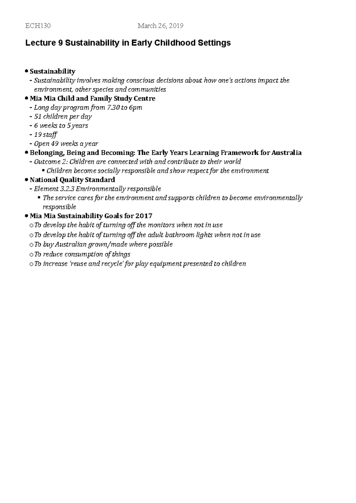 Lecture 9 Sustainability in Early Childhood Settings - ECH130 March 26 ...
