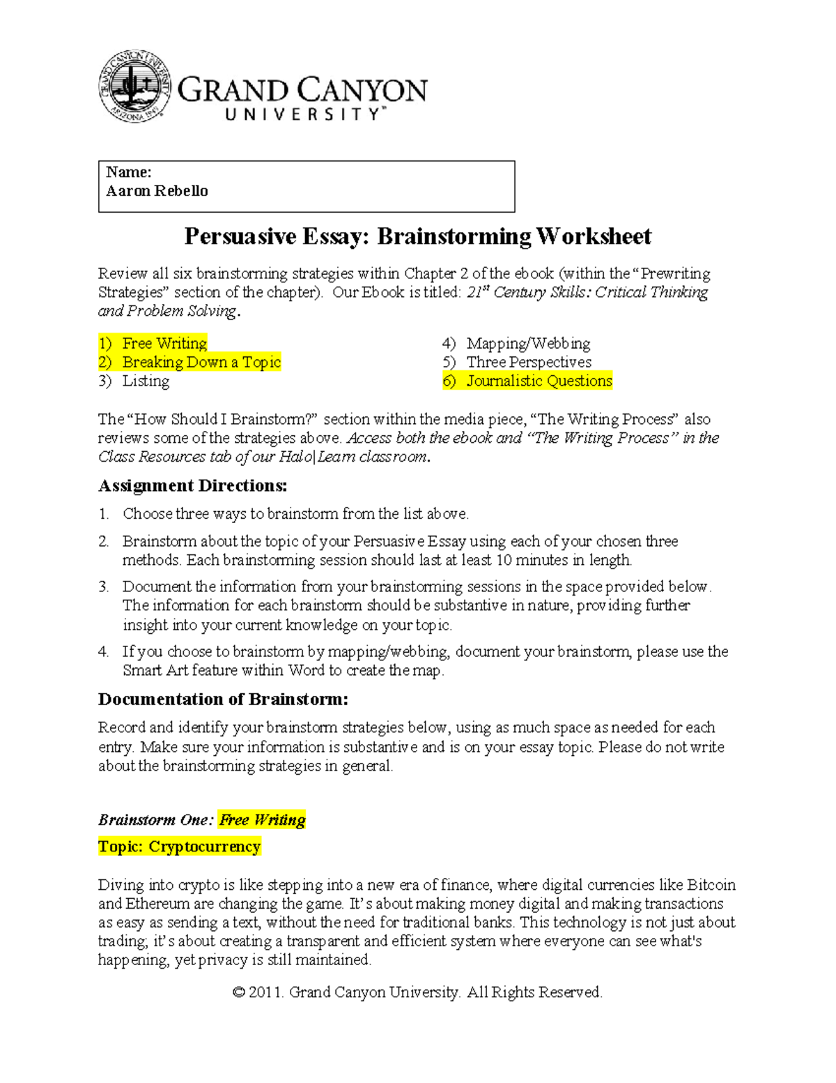 PHI105 T2 Brainstorming Worksheet 4 13 2023 - Name: Aaron Rebello ...