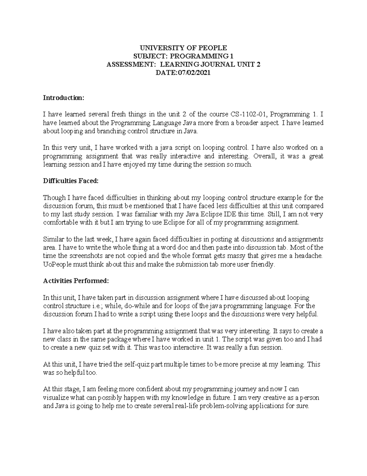 Assignment Programming 1 University Of People Subject Programming 1 Assessment Learning