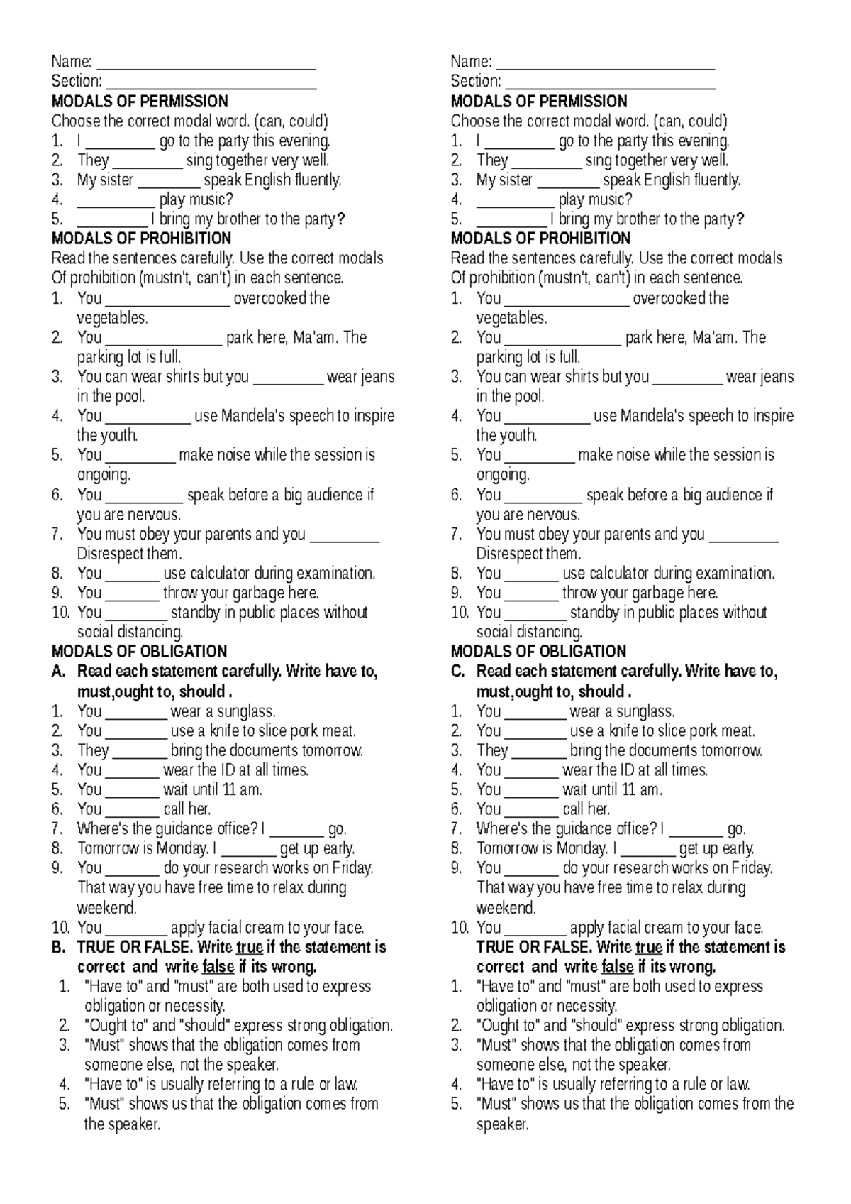 Modals Activity Sheet - PRACTICE - Name ...