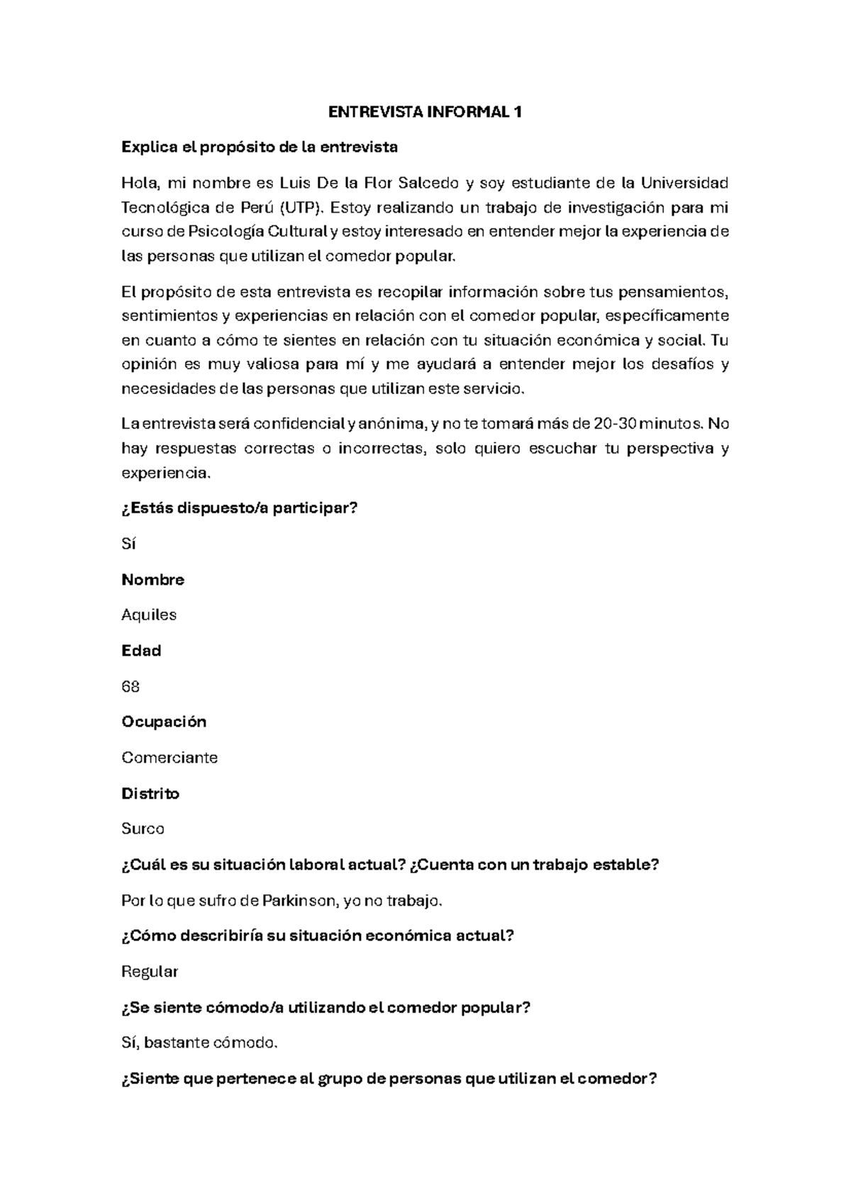 Entrevista informal 1 - ENTREVISTA INFORMAL 1 Explica el propósito de ...