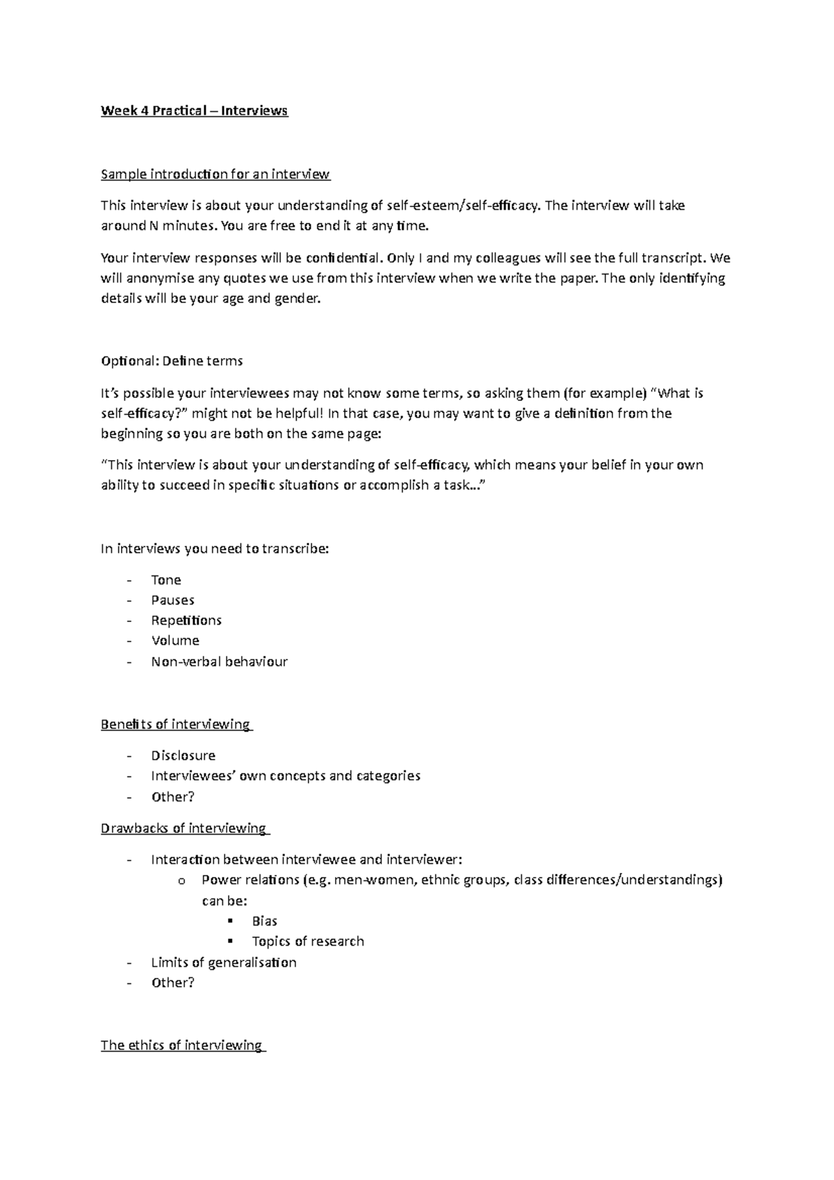 Interviewing Practical 4 - Week 4 Practical – Interviews Sample ...