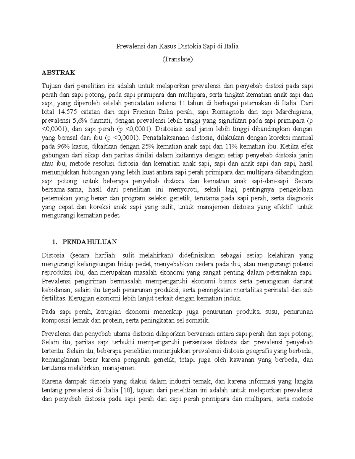 Prevalensi dan Kasus Distokia Sapi di Italia - Prevalensi dan Kasus ...