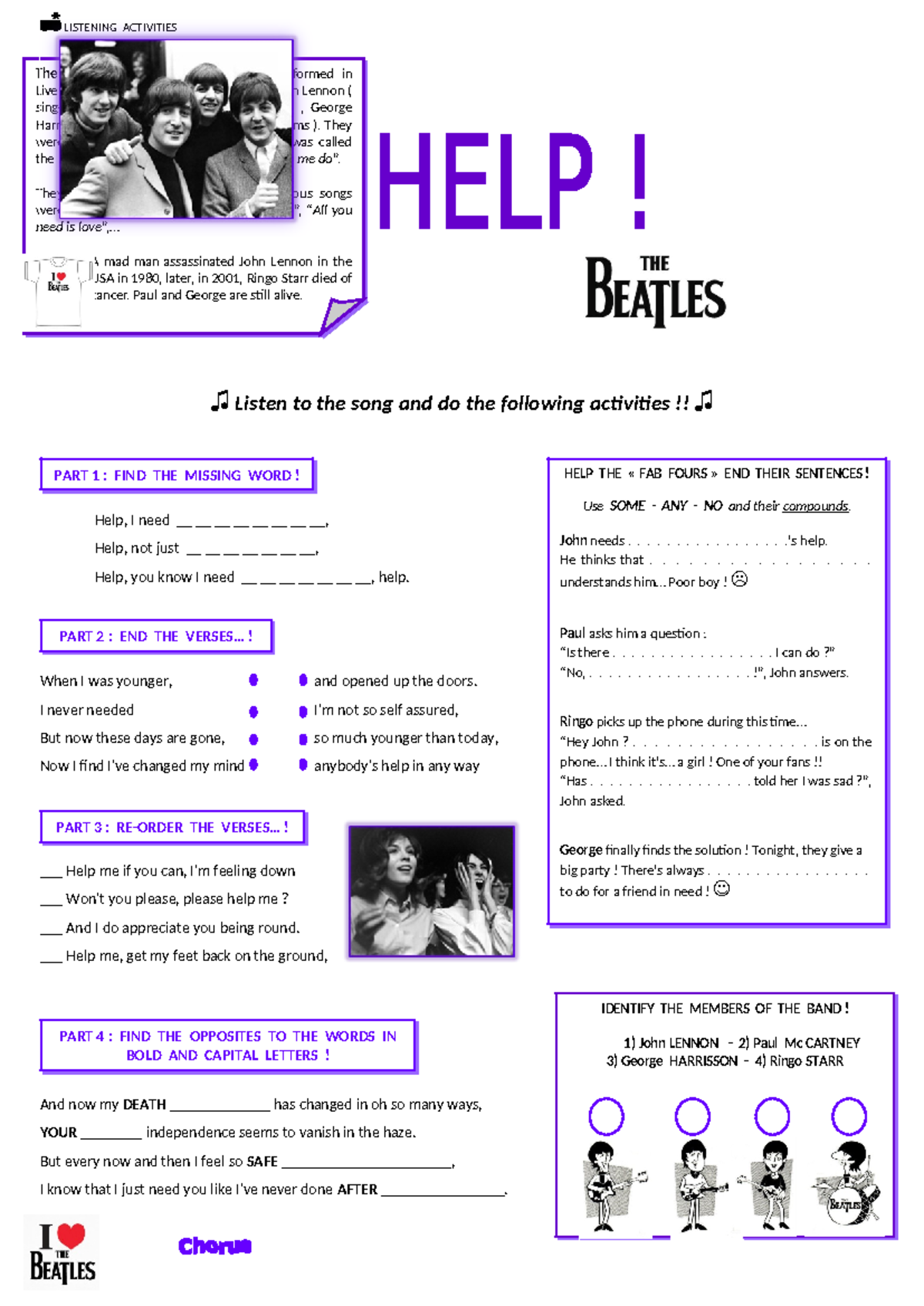 HELP-THE Beatles - song - LISTENING ACTIVITIES ♫ Listen to the song and ...