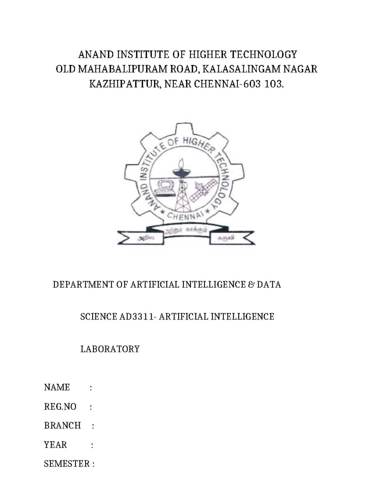 AD3311 - AI LAB Manual record - ANAND INSTITUTE OF HIGHER TECHNOLOGY OLD MAHABALIPURAM ROAD ...