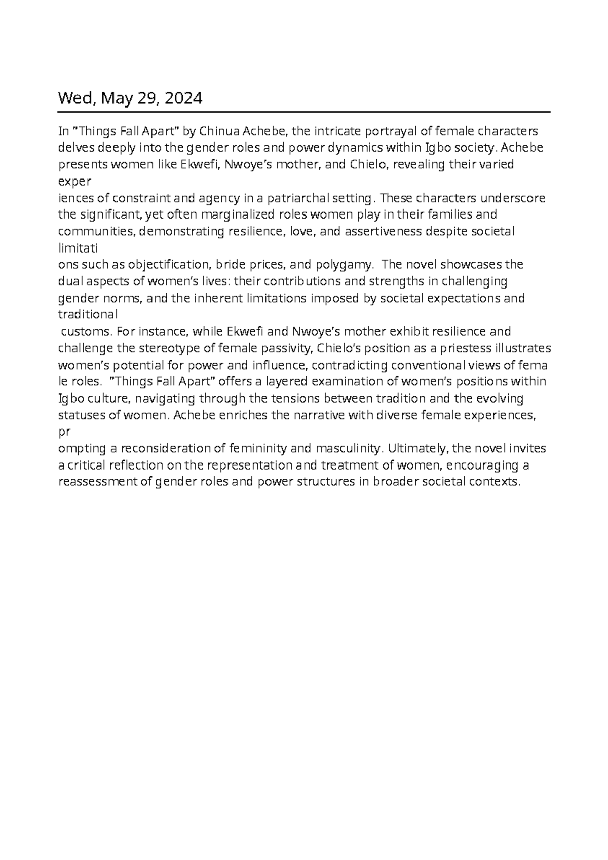 China - U7t - Wed, May 29, 2024 In "Things Fall Apart" by Chinua Achebe ...