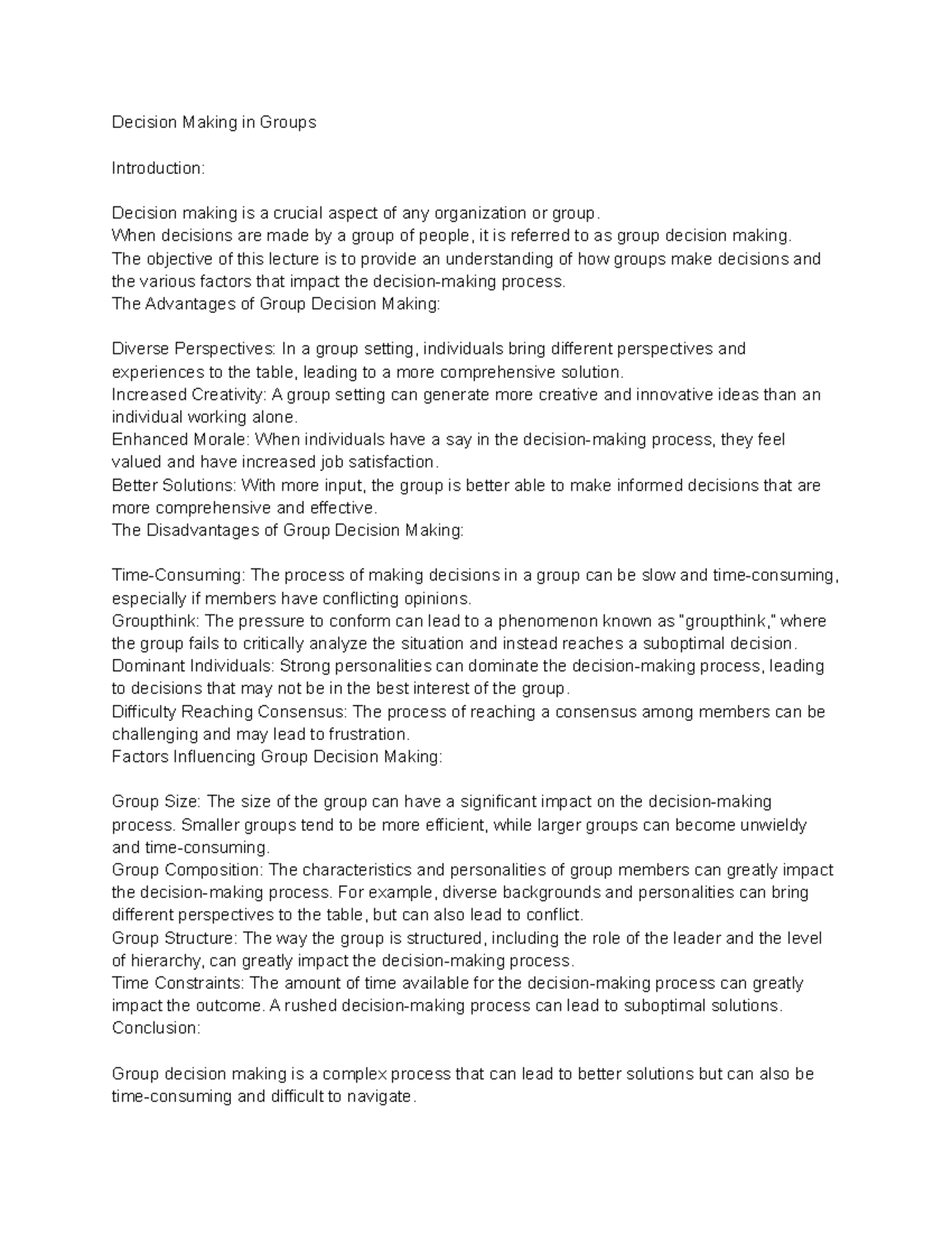 Communication Skills Lecture Notes 14 - Decision Making in Groups ...