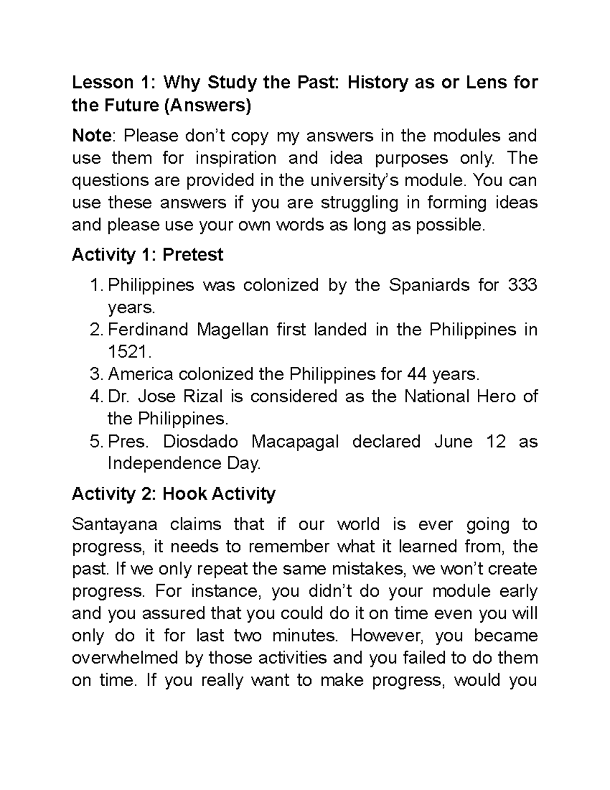 GEN 004 Lesson 1 Answers - Lesson 1: Why Study the Past: History as or ...