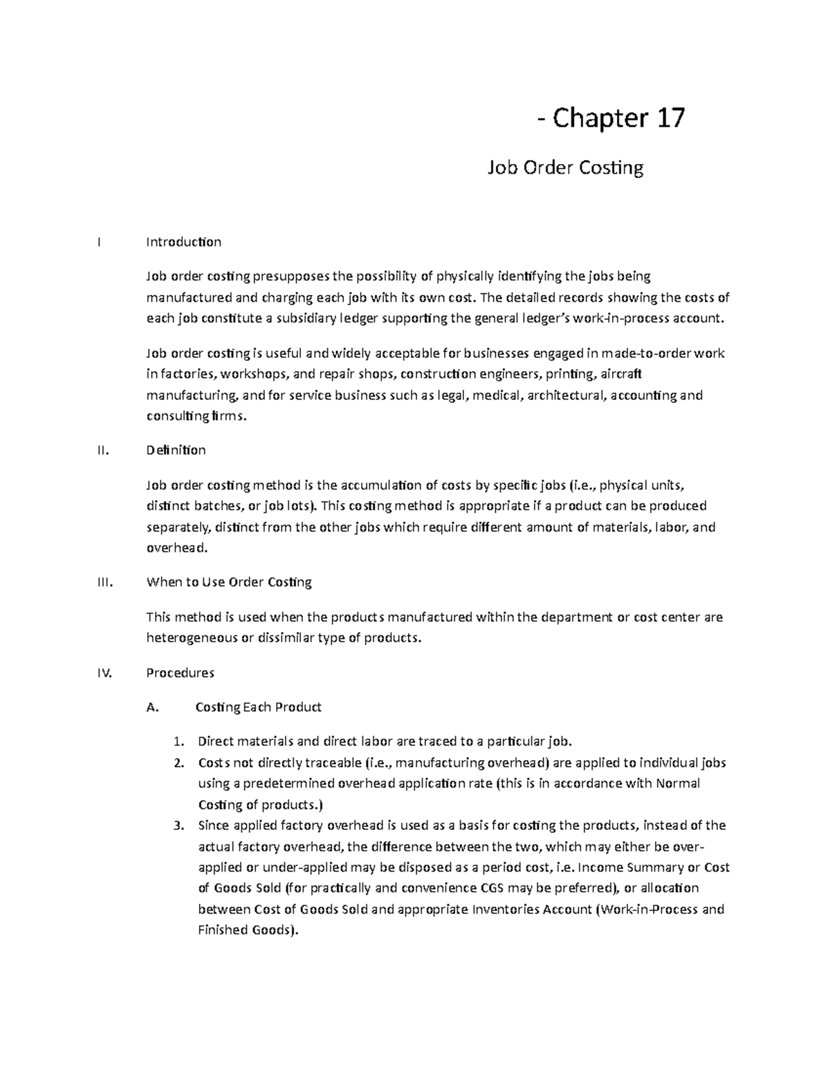 Chapter 17A Job Order Costing - Chapter 17 Job Order Costing I Introduction Job order costing ...