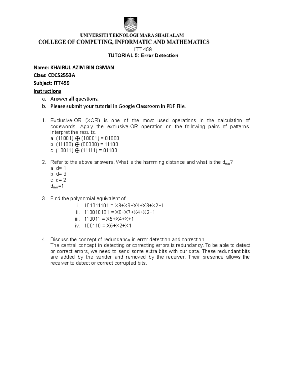 Error Detection - TUTORIAL 5: Error Detection Name: KHAIRUL AZIM BIN ...
