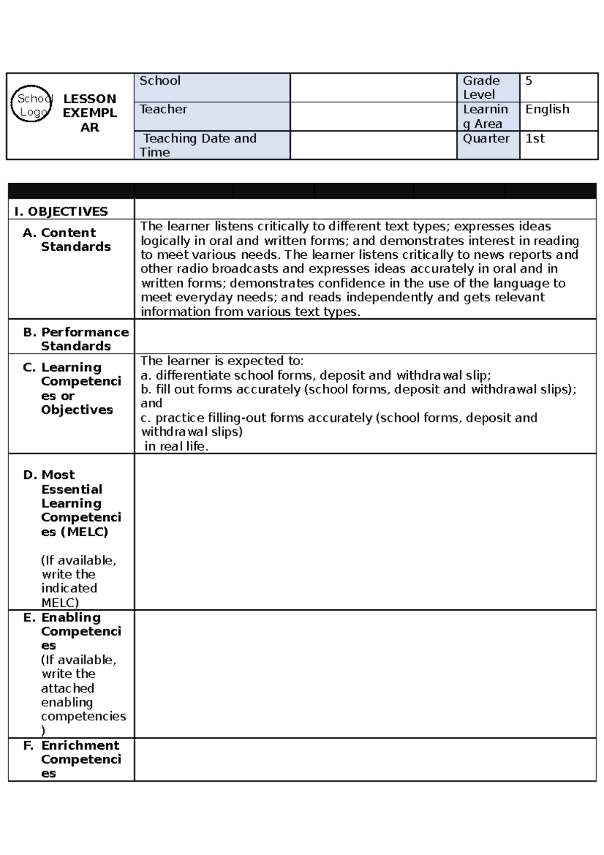 English 5 Q1 Week 1 Lesson Exemplar - School Grade Level 5 Teacher ...