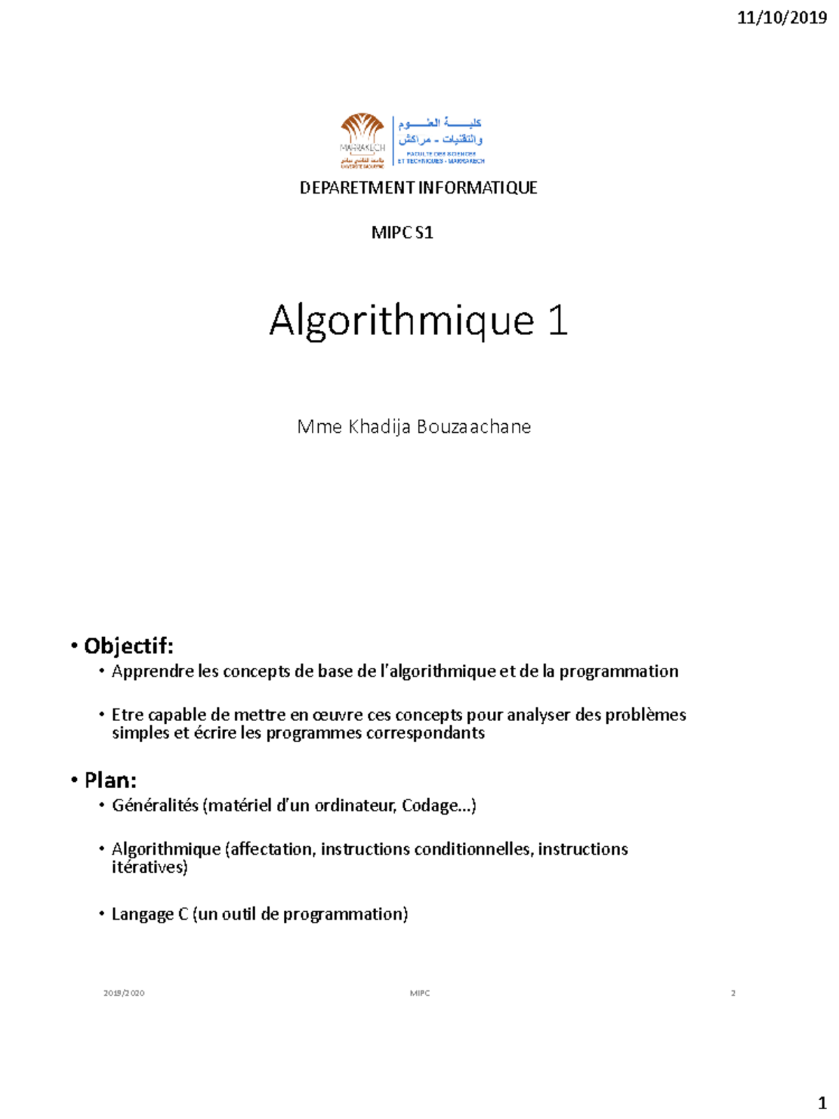 Algorithmique 1 1 Cour Et Exercice Algorithmique 1 Deparetment